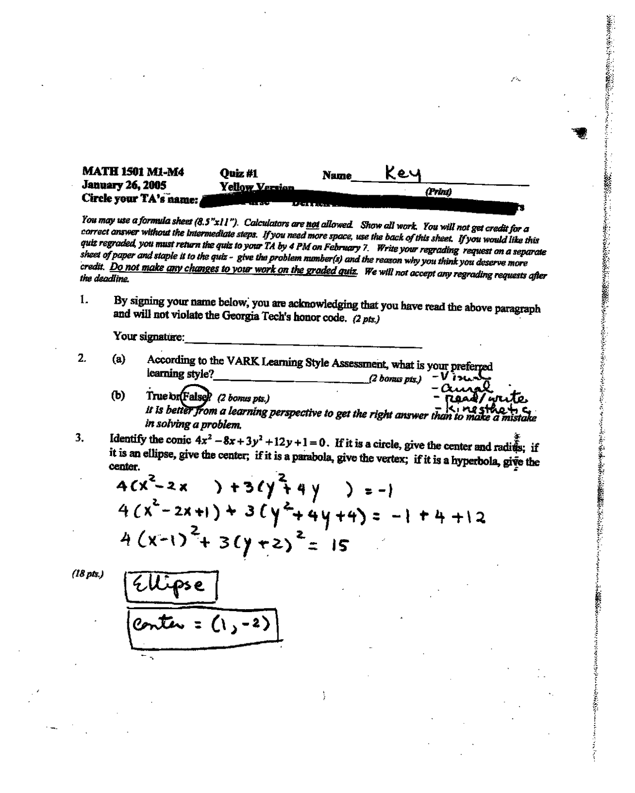 Quiz 1 With Solution For Calculus I Math 1501 Docsity