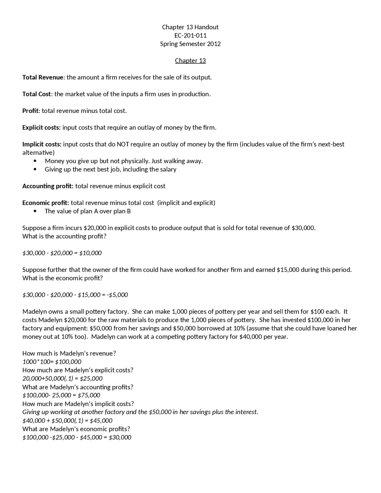 Handout Notes For Exam Practice Introduction To Microeconomics Ec