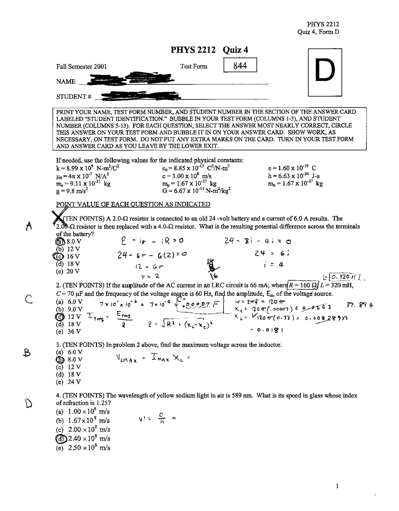 3 Solved MCQs on Basic Physics II - Quiz 4 | PHYS 2212 | Quizzes Physics | Docsity