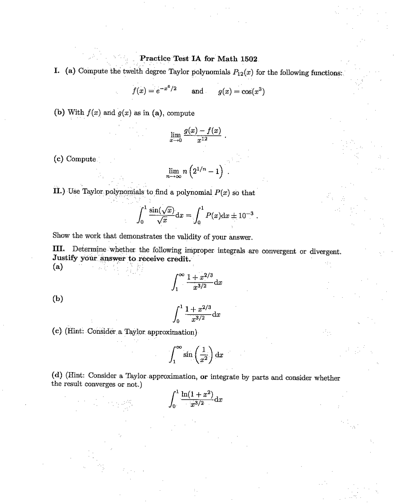 Practice Exam 1 With Solutions Calculus Ii Math 1502 Docsity