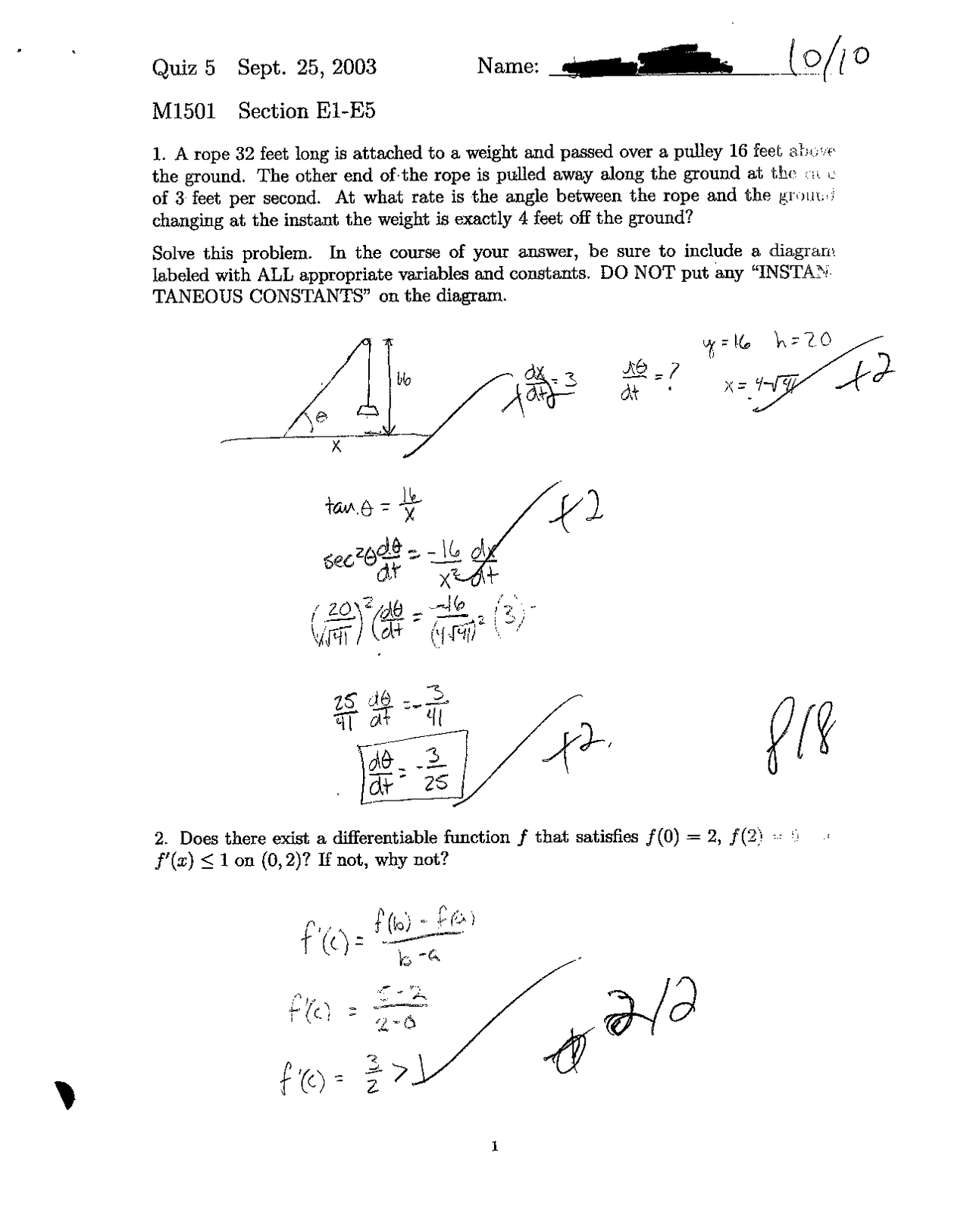Calculus I Quiz 5 Solutions Fall 2003 Math 1501 Docsity