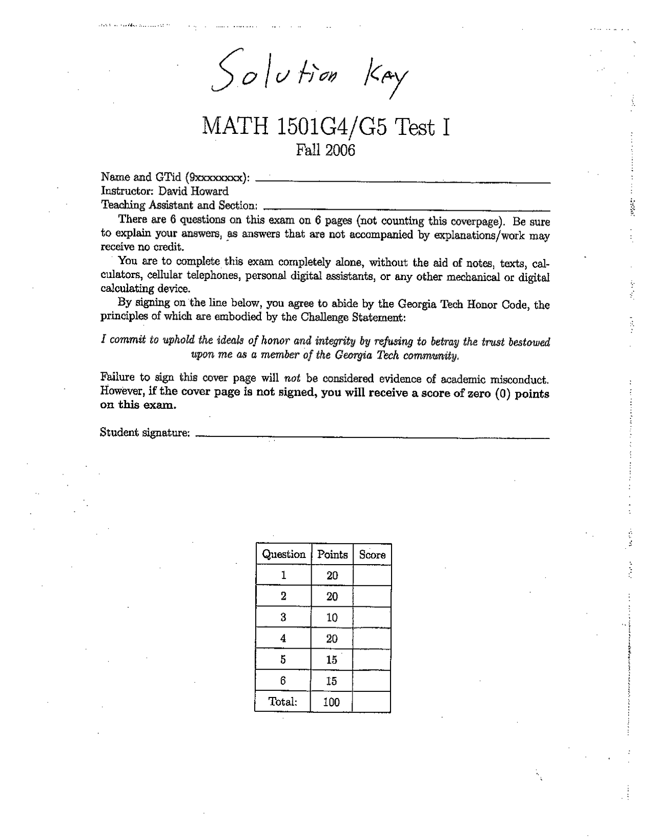 Test 1 Solution Key Calculus I Math 1501 Docsity