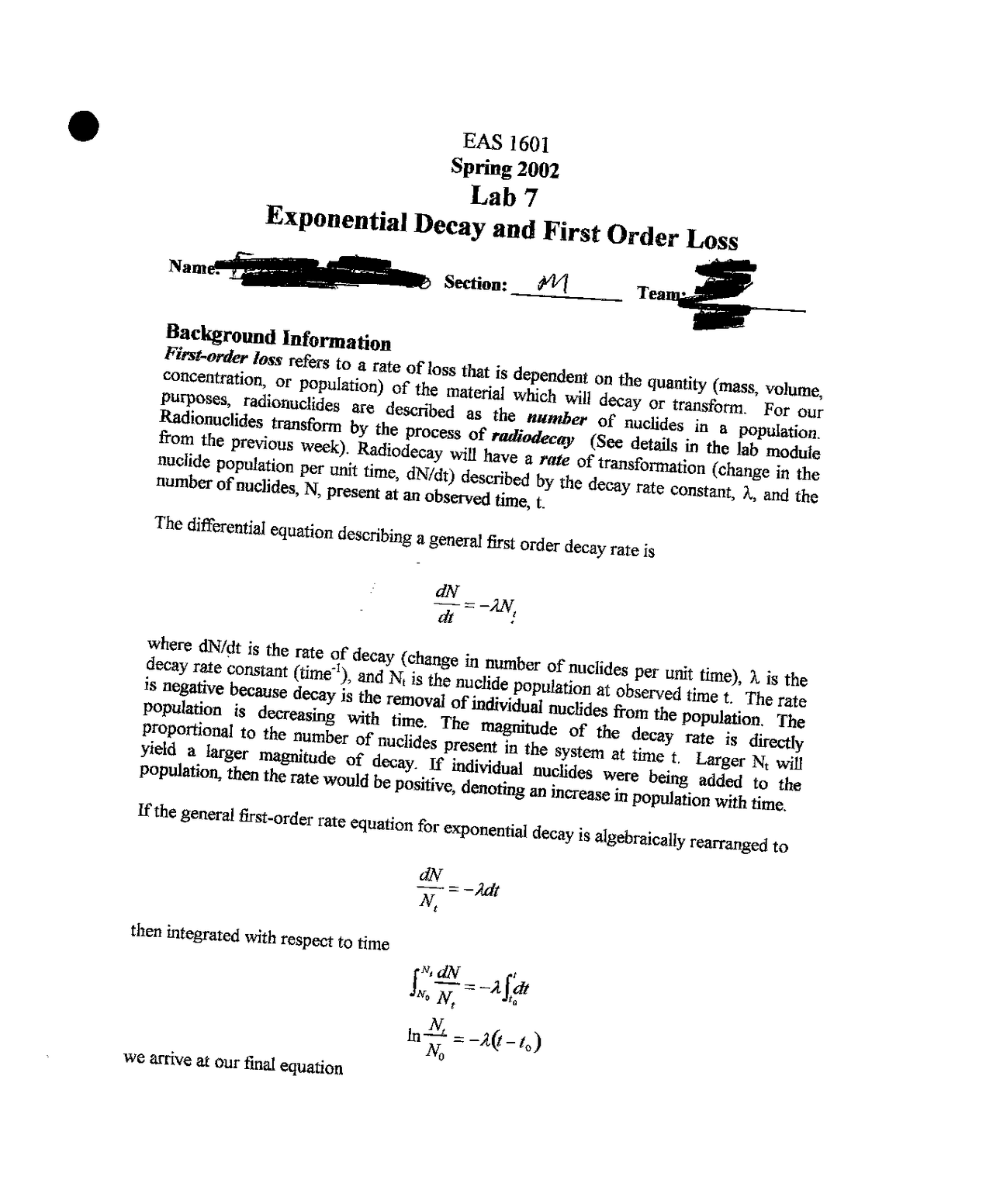 Exponential Decay First Order Loss - Lab 7 | EAS 1601 | Lab Reports ...