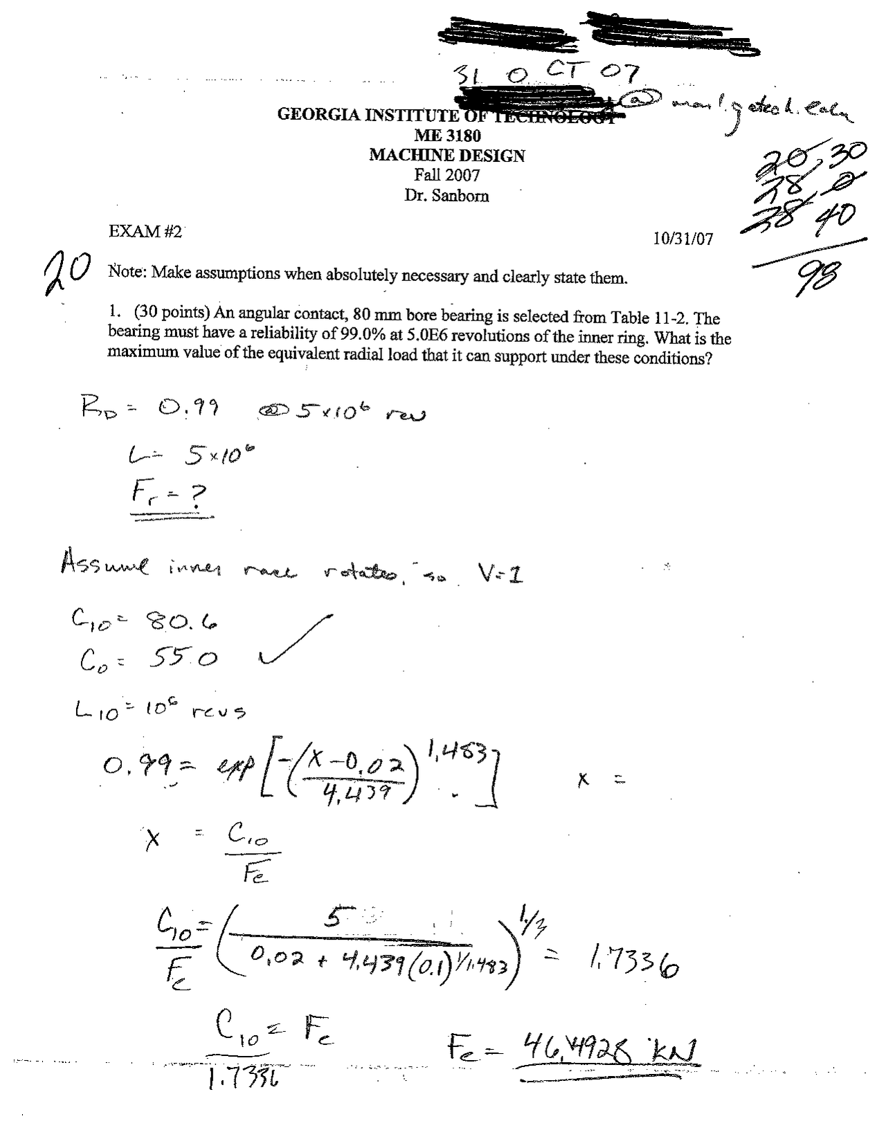 Machine Design Solutions Exam 2 Me 3180 Docsity