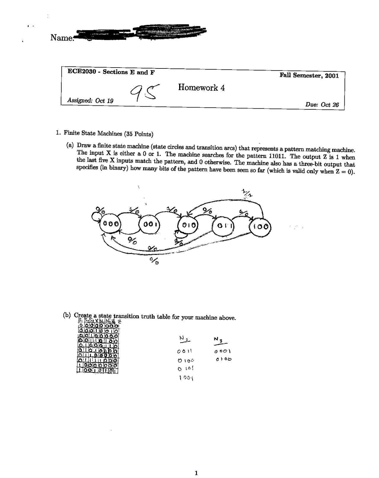 Homework 4 Solutions - Introduction to Computer Engineering - Fall 2001 | ECE 2030 - Docsity