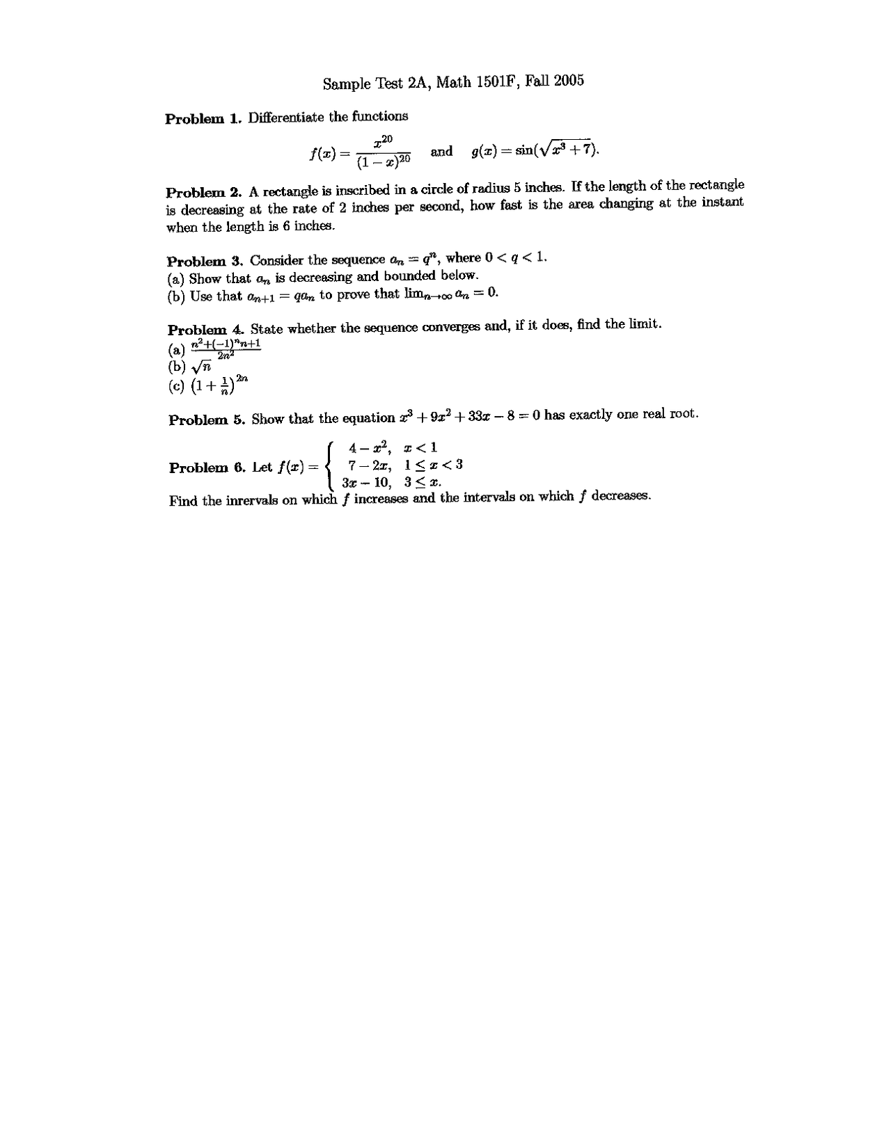 Sample Test 2A Problems - Calculus I | MATH 1501 - Docsity