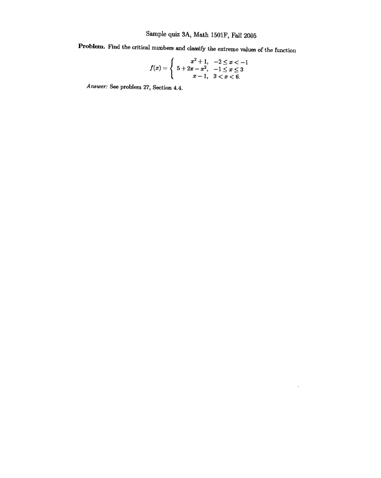 Sample Quiz 3a Calculus I Fall 2005 Math 1501 Docsity