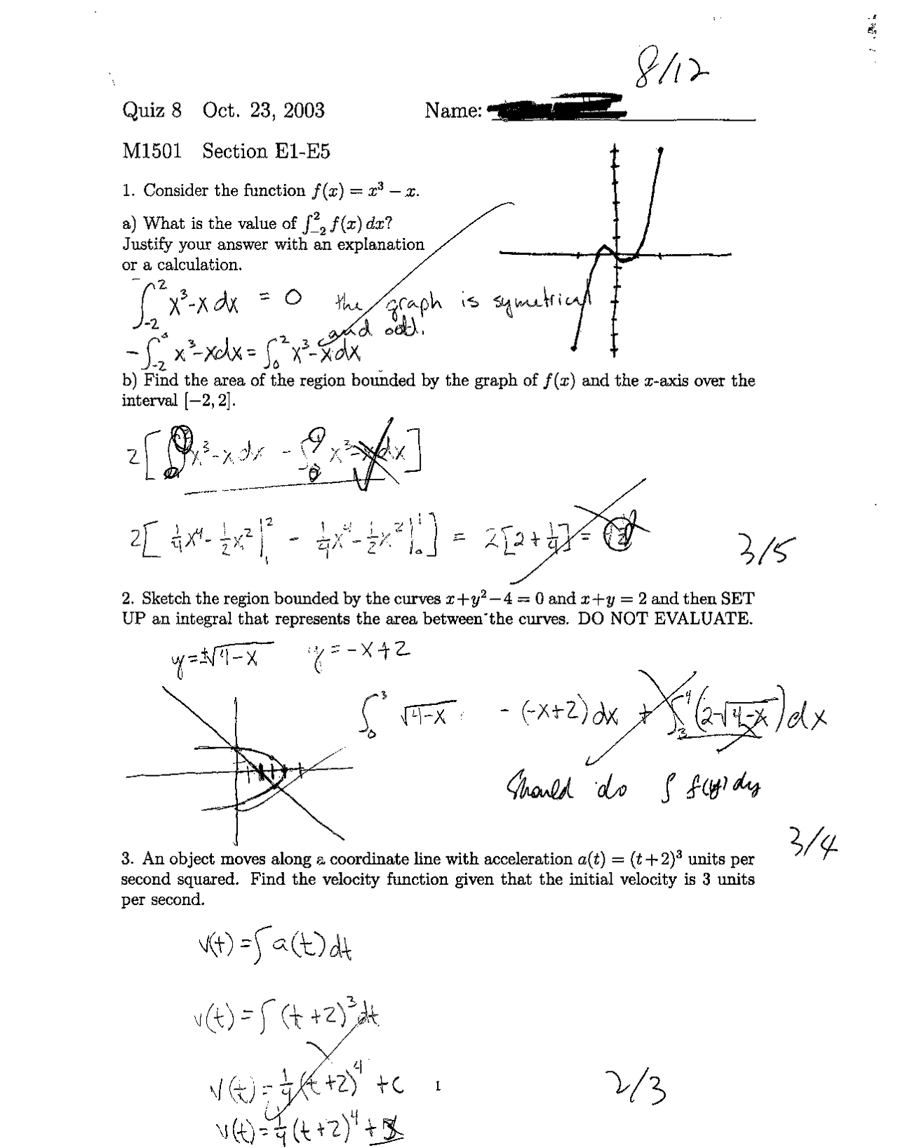 Quiz 8 With Answers Calculus I Math 1501 Docsity