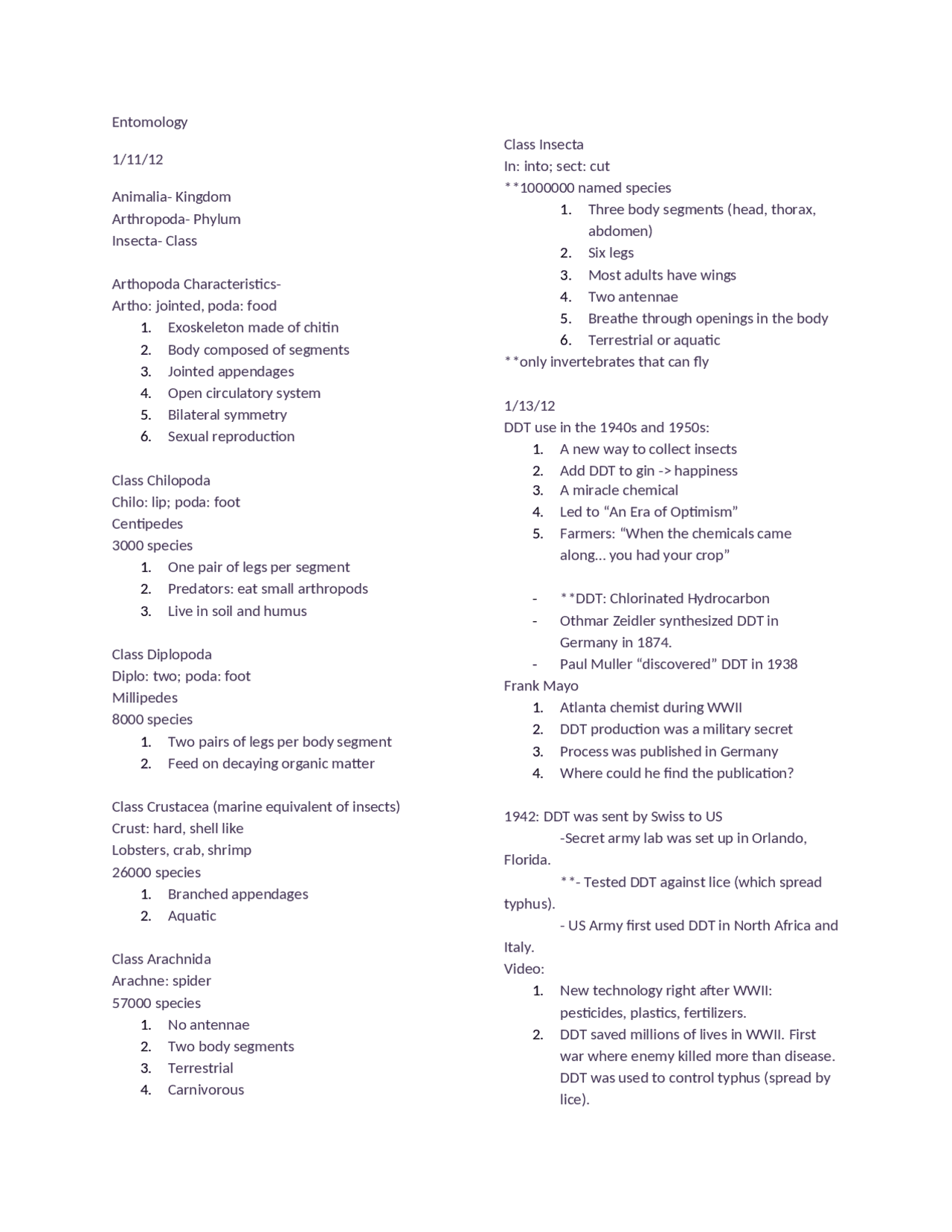 Exam 1 Notes For Insects And The Environment Ento 2010 Docsity