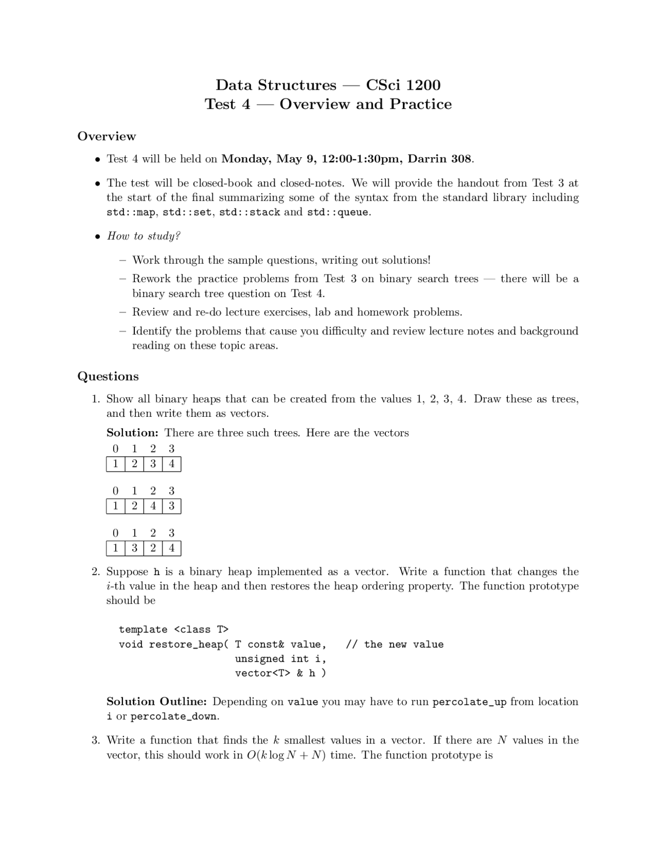 Data Structure Overview And Practice For Exam 4 Csci 1200 Docsity