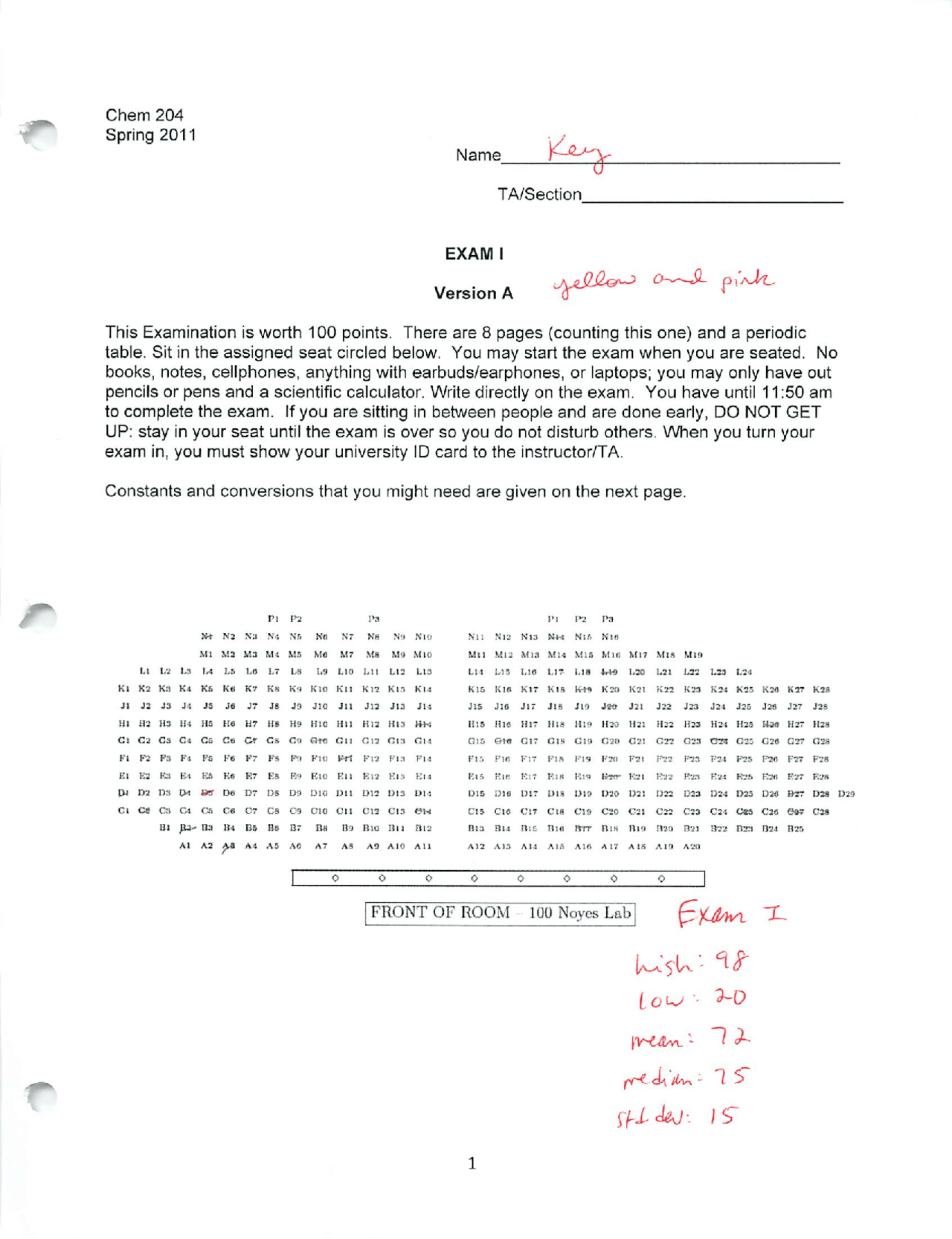 Exam 1 Version A With Solution For Accelerated Chemistry Ii Chem 204