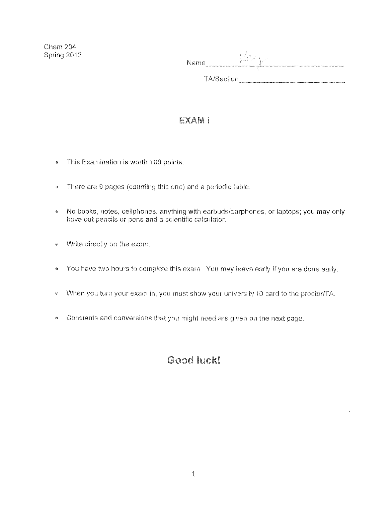 Midterm I Key Accelerated Chemistry Ii Chem 204 Docsity