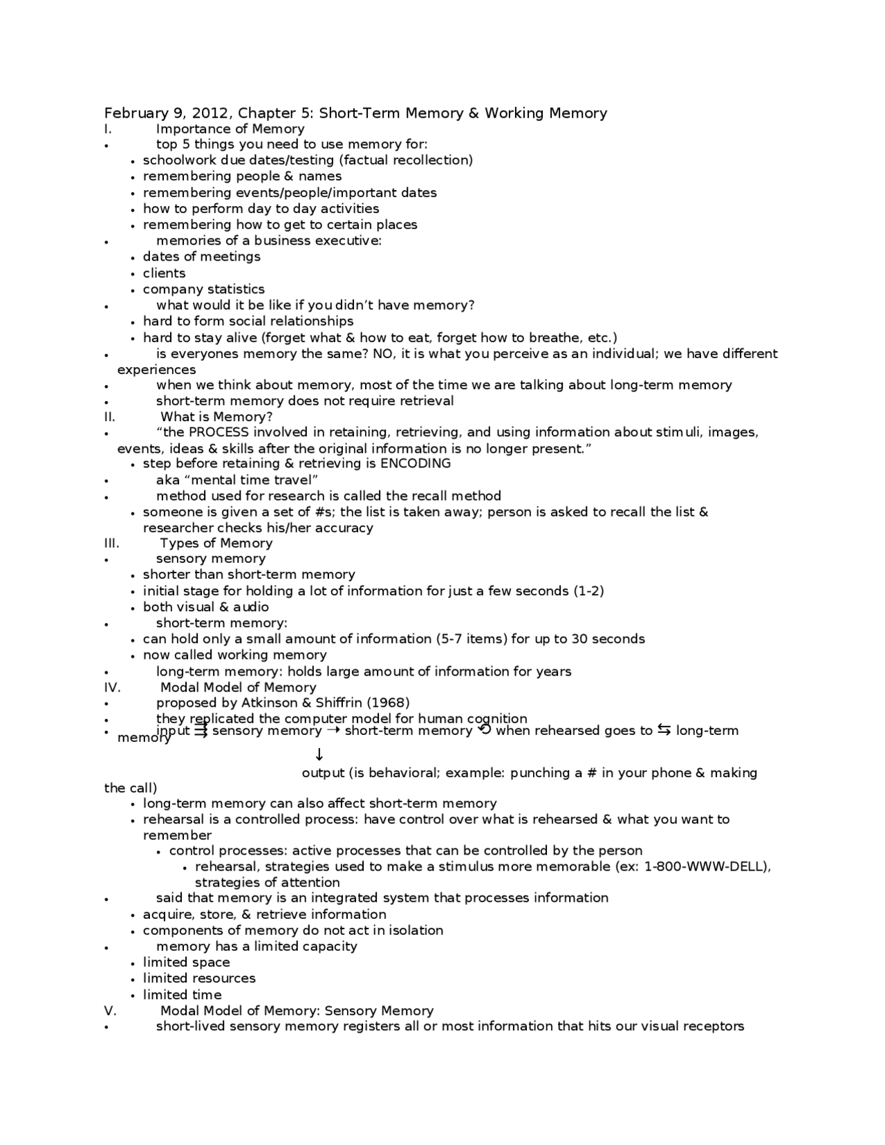 Short Term Memory And Working Memory Cognitive Psychology Handout