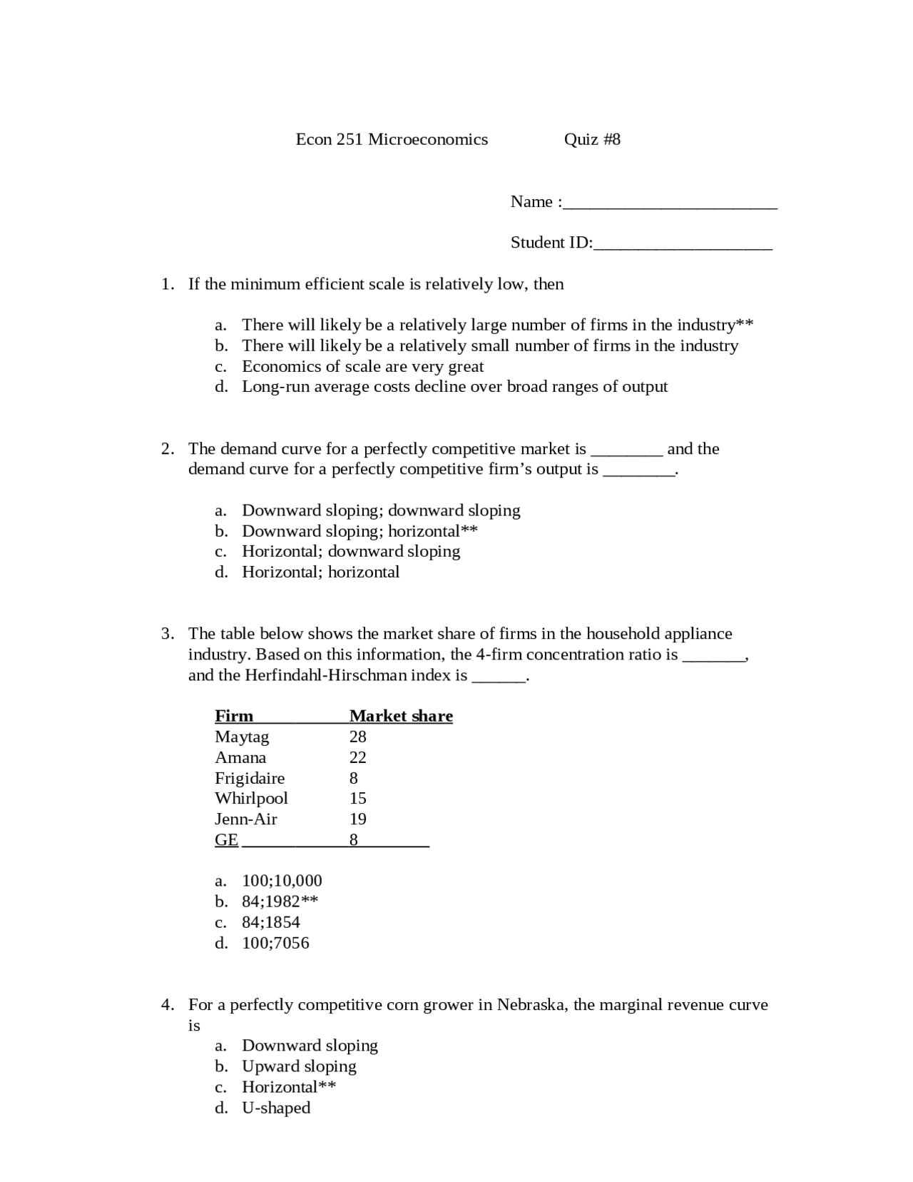 Quiz 8 With Solution Microeconomics Econ 25100 Docsity