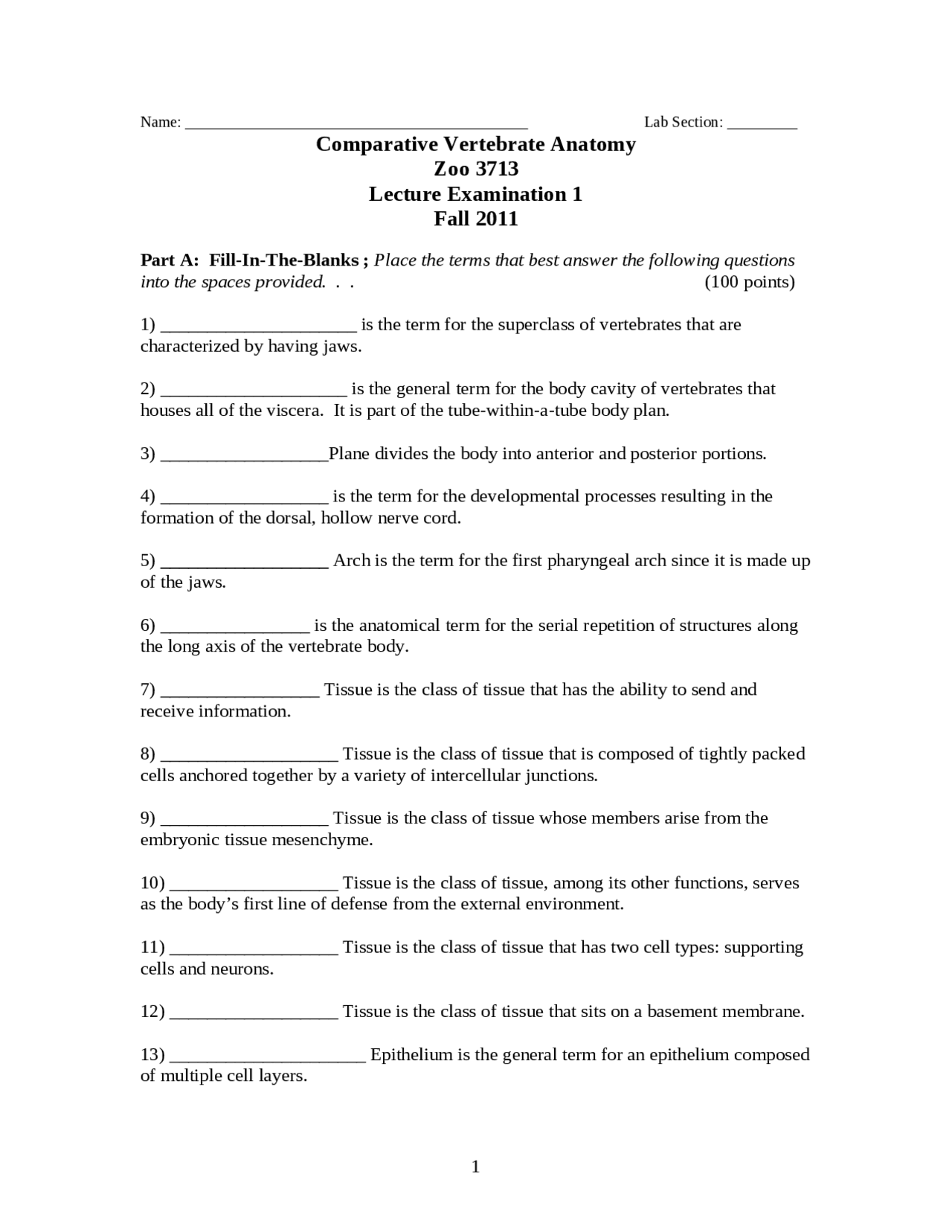 Lecture Exam 1 Questions - Comparative Vertebrate Anatomy | ZOO 3713 ...