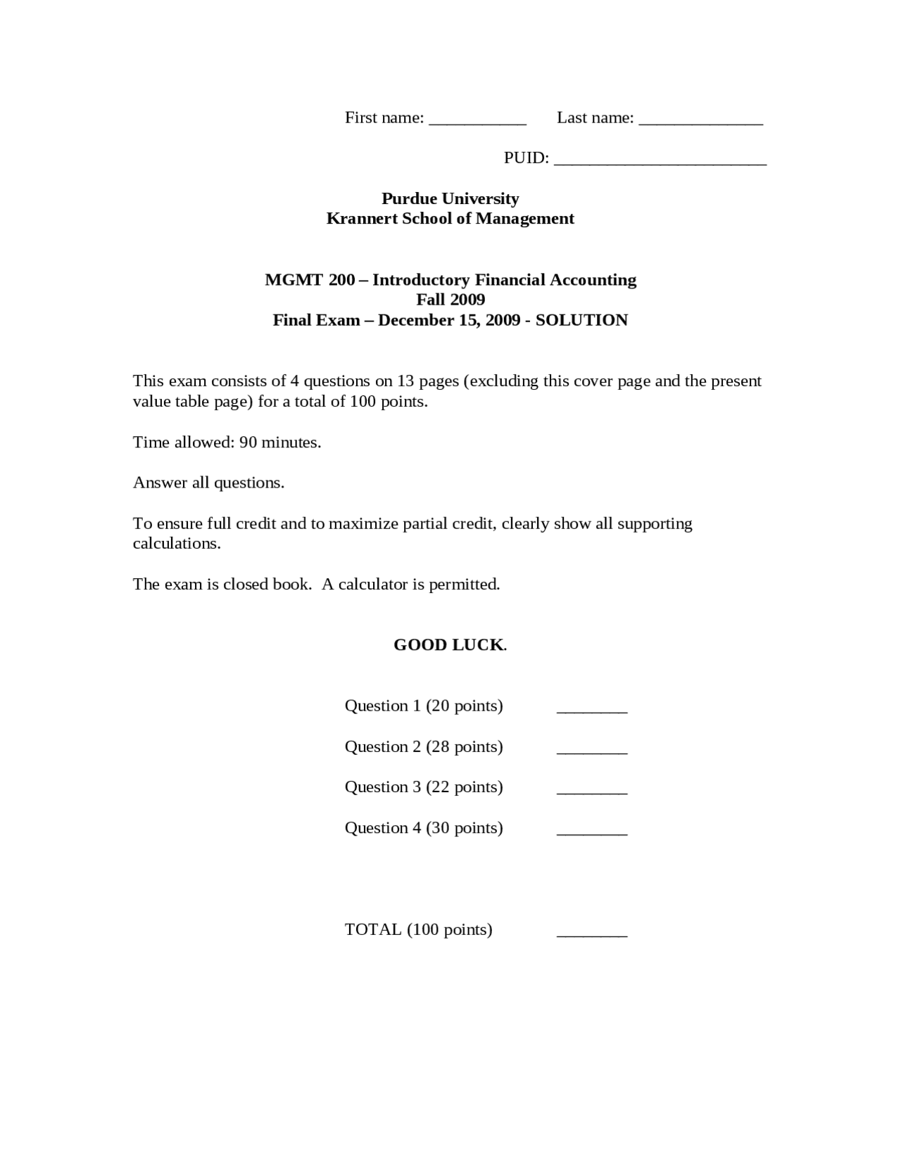 Introductory Accounting - Solved Past Paper 2009 | MGMT 20000 - Docsity