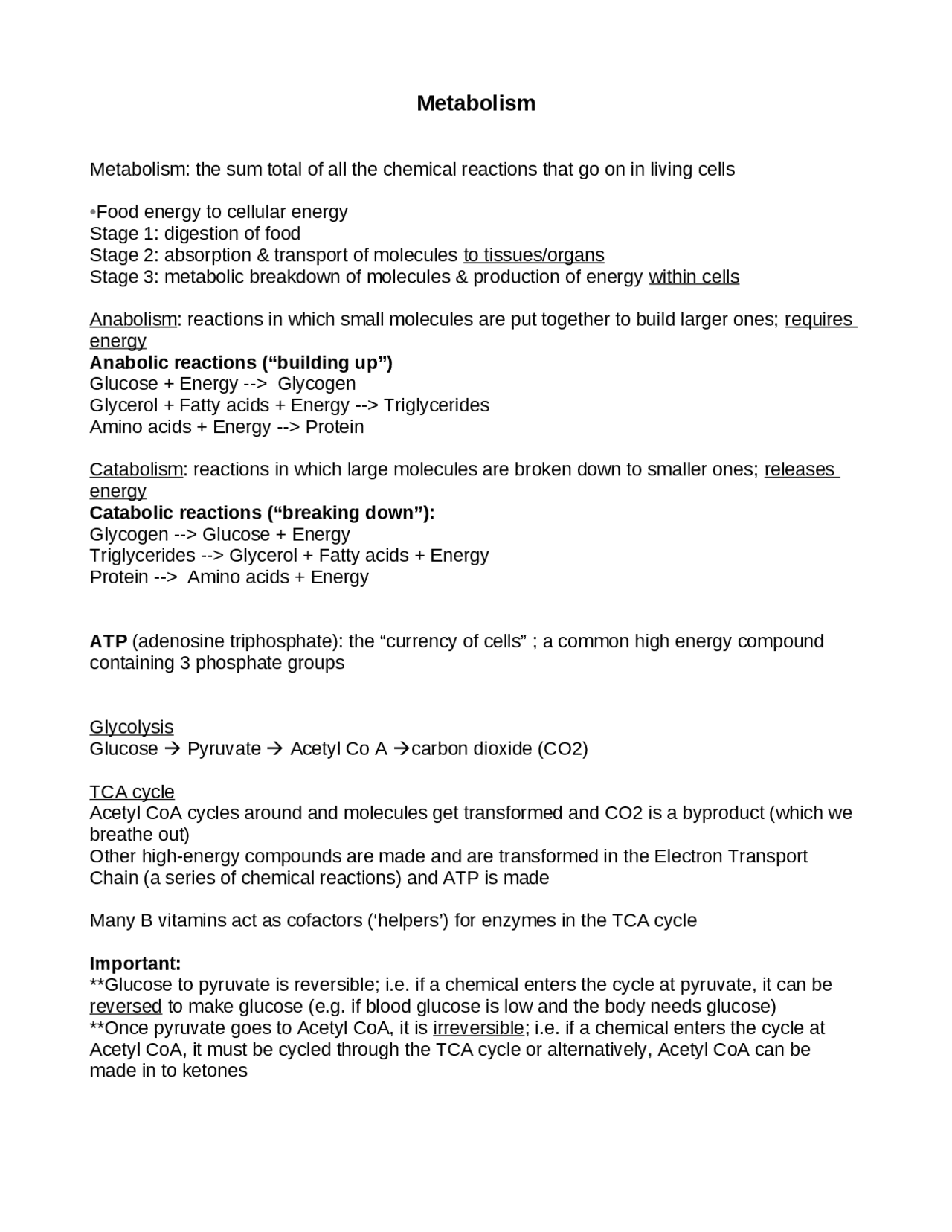 Metabolism Handout - Human Nutrition and Food | FDNS 2100 - Docsity
