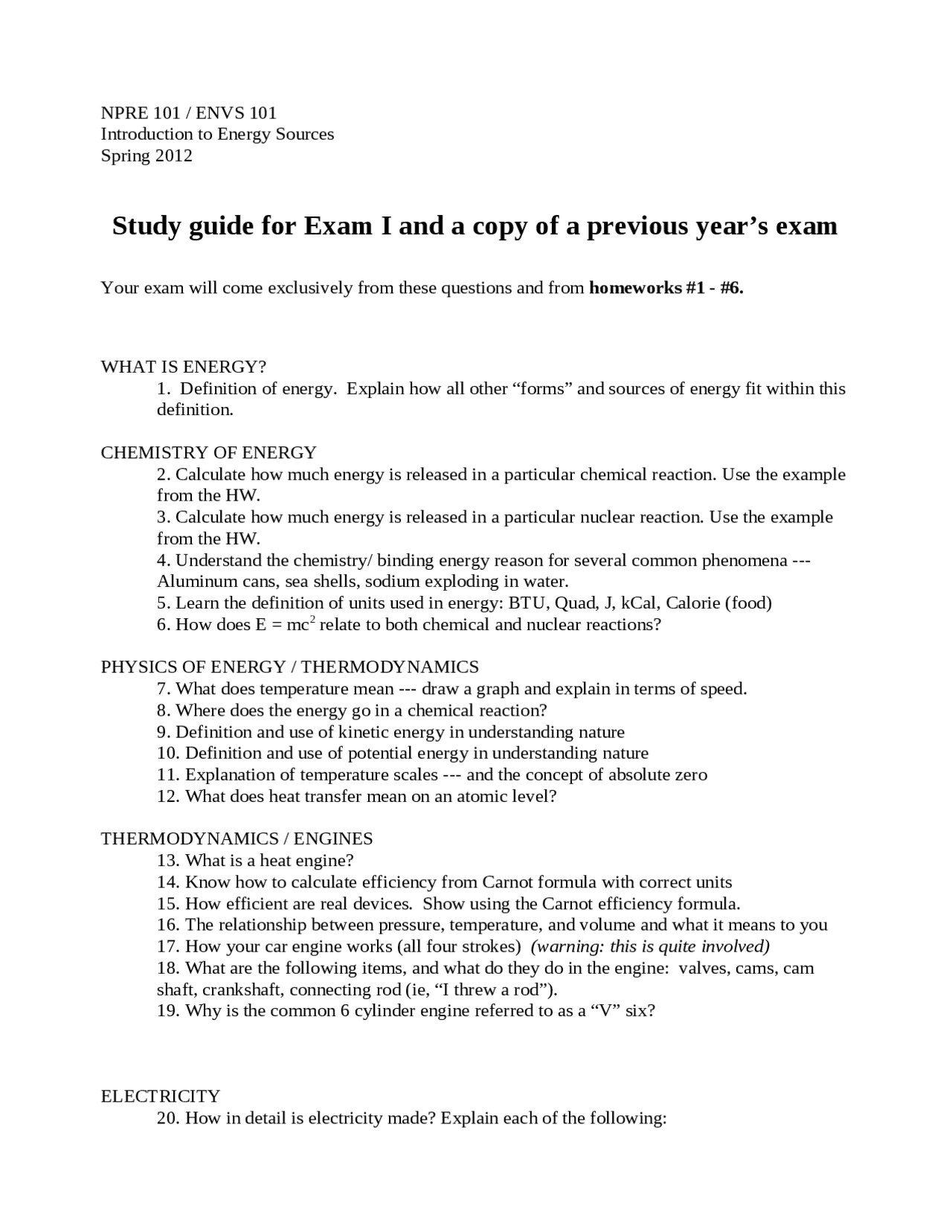 Study Guide for Exam 1 - Introduction to Energy Sources | NPRE 101 ...
