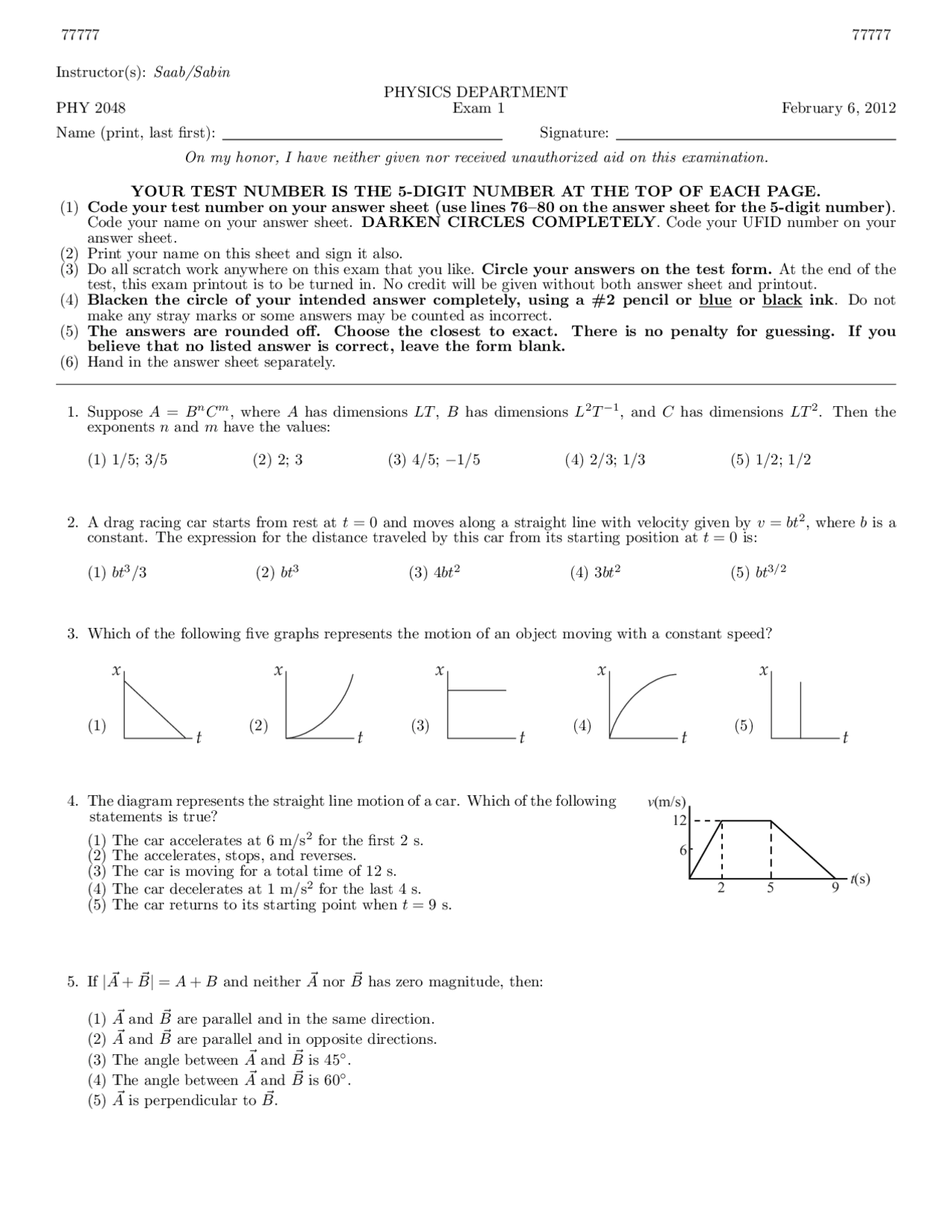 Exam 1 Questions for Physics with Calculus I | PHY 2048 | Exams Physics ...