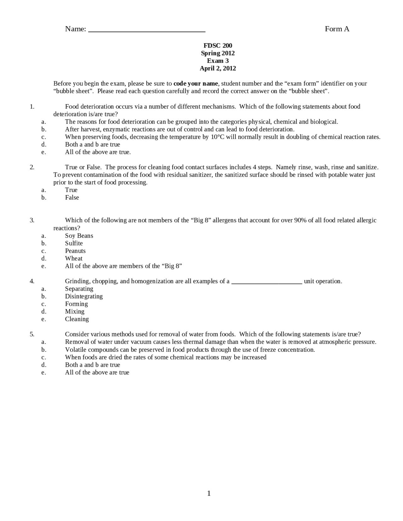 56 Mcqs On Introductory Food Science Exam 3 Form A Fd Sc 200 Docsity
