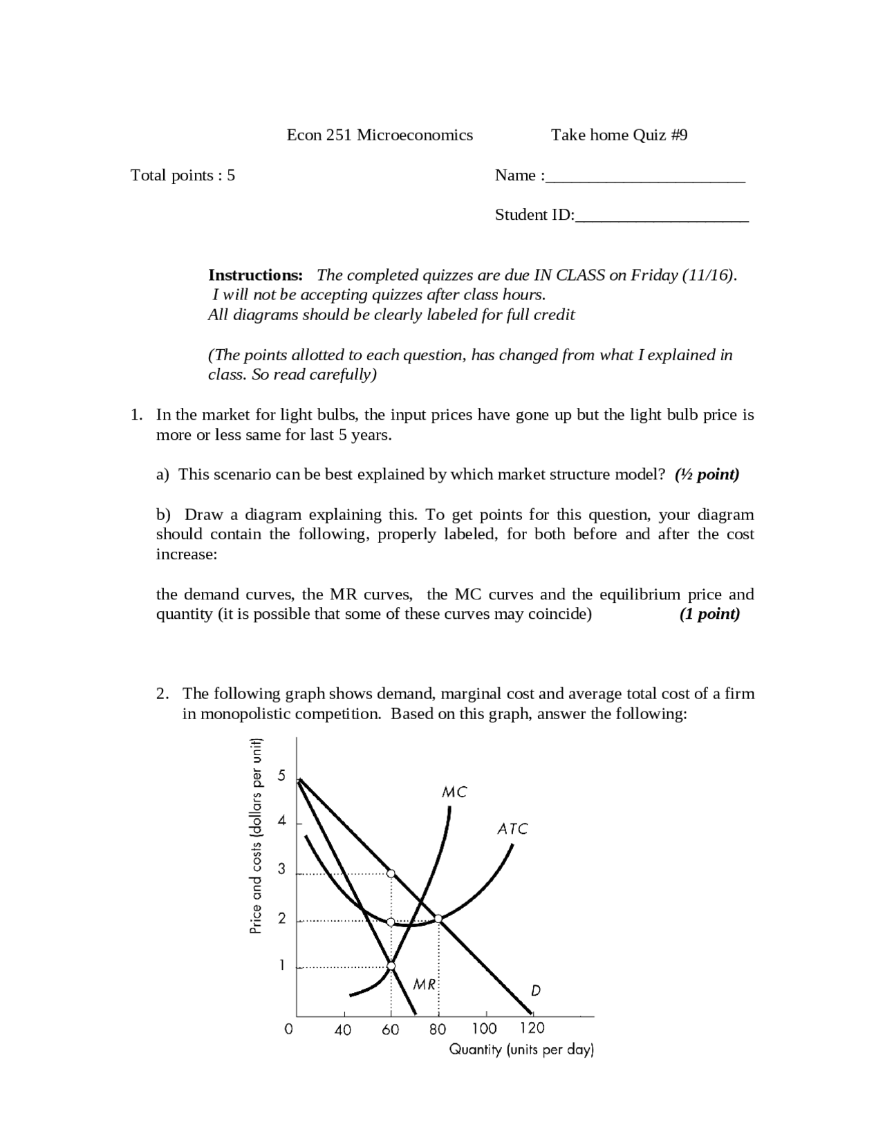 Quiz 9 for Microeconomics Theory | ECON 25100 - Docsity