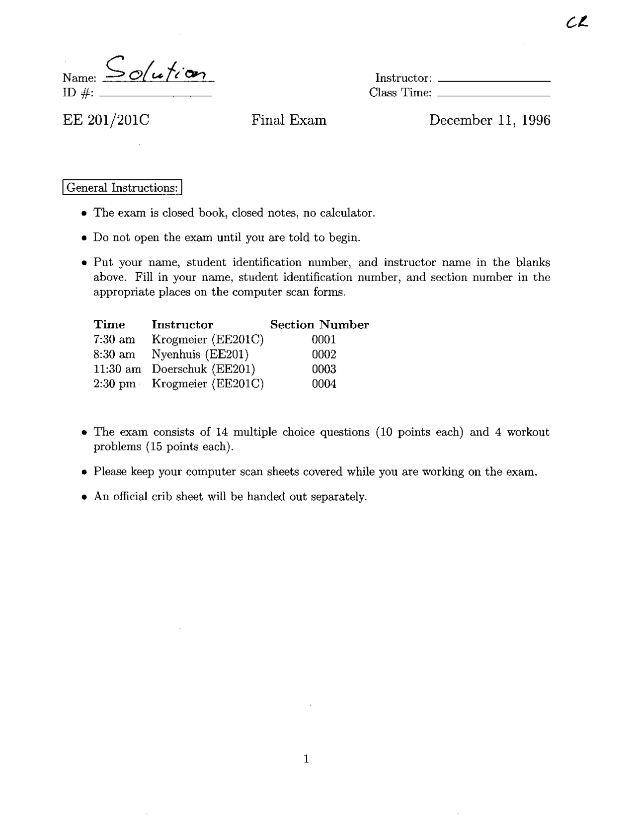 Solution Key For Final Exam On Linear Circuit Analysis I Ece 20100