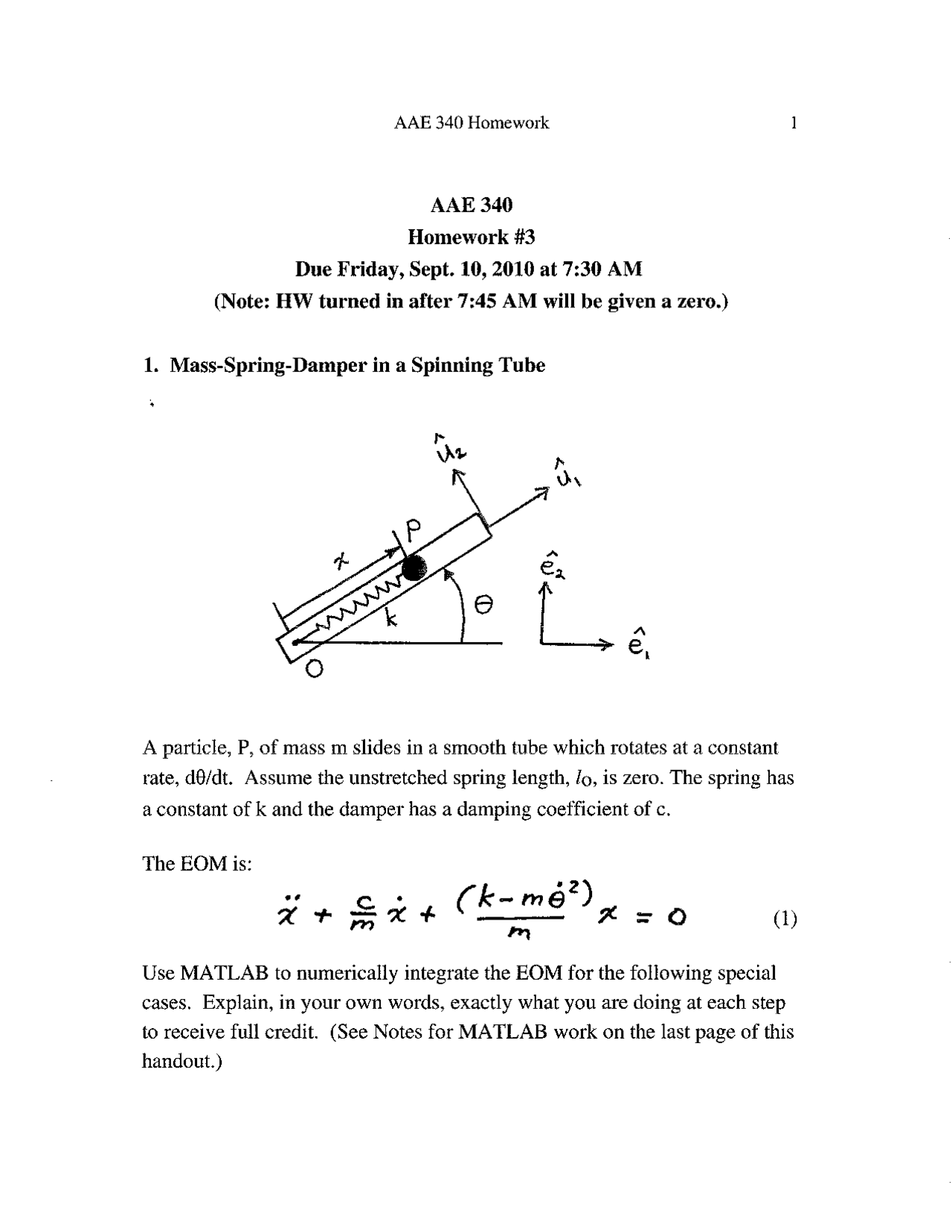 Homework 3 – Mass Spring Damper in a Spinning Tube - Dynamics and ...