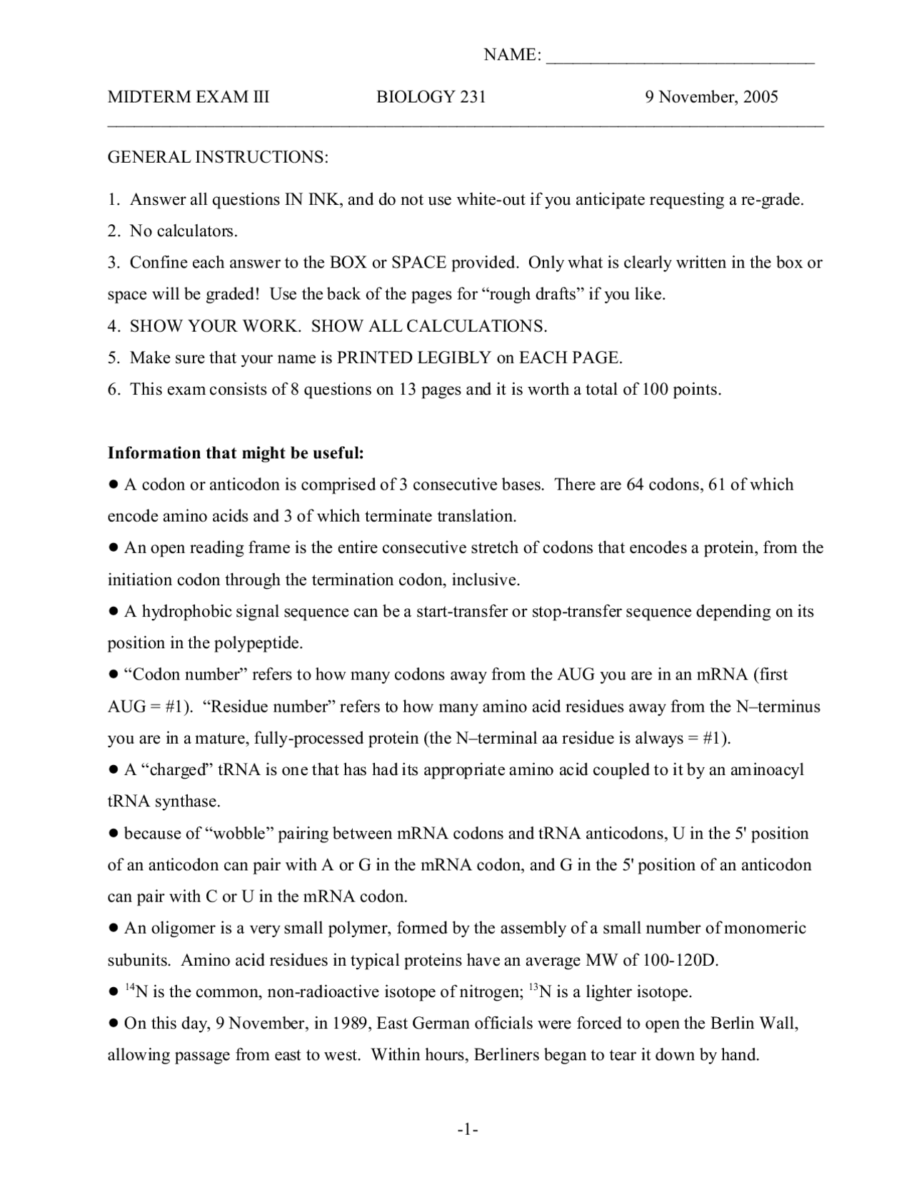 Sample Exam 3 For Biology Iii Cell Structure And Function Biol 23100