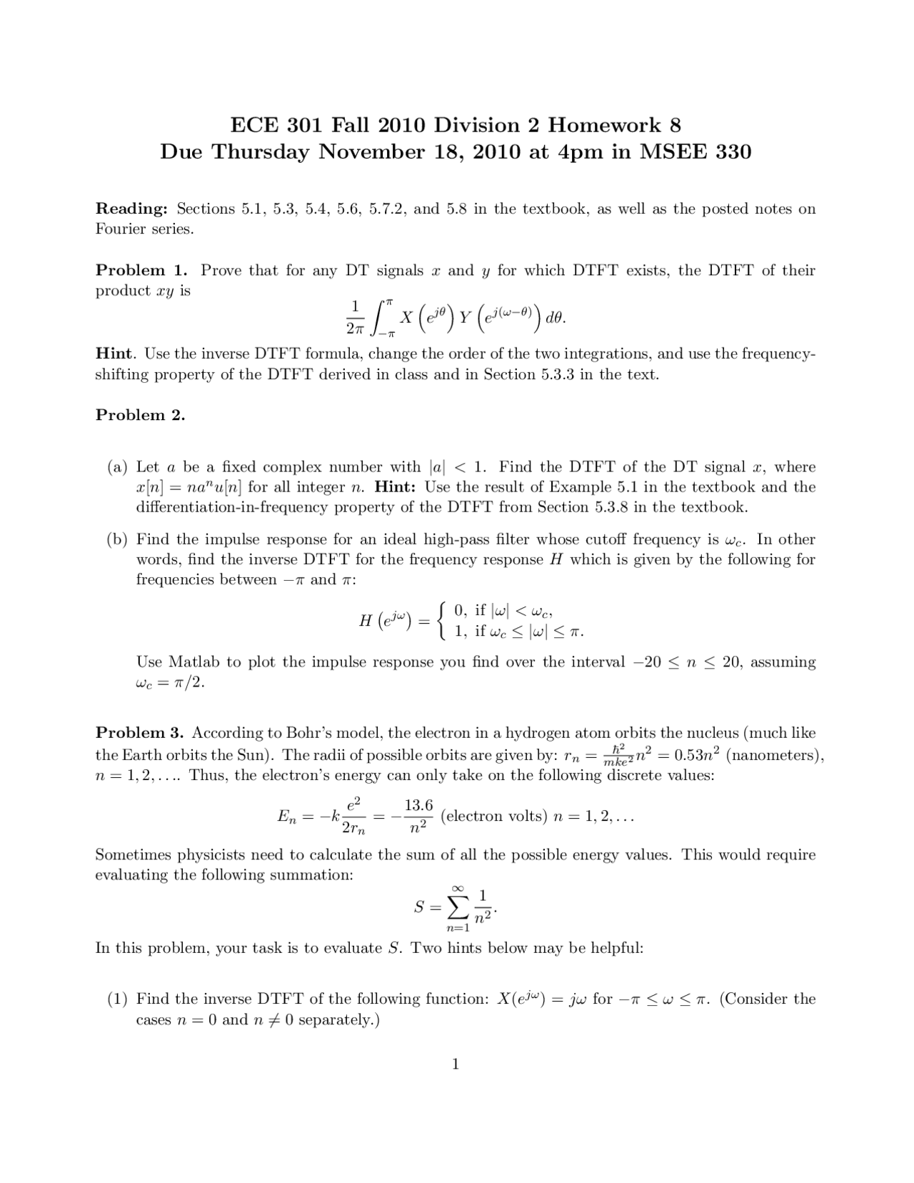 Signals And Systems Solutions To Homework 8 Ece 30100 Docsity