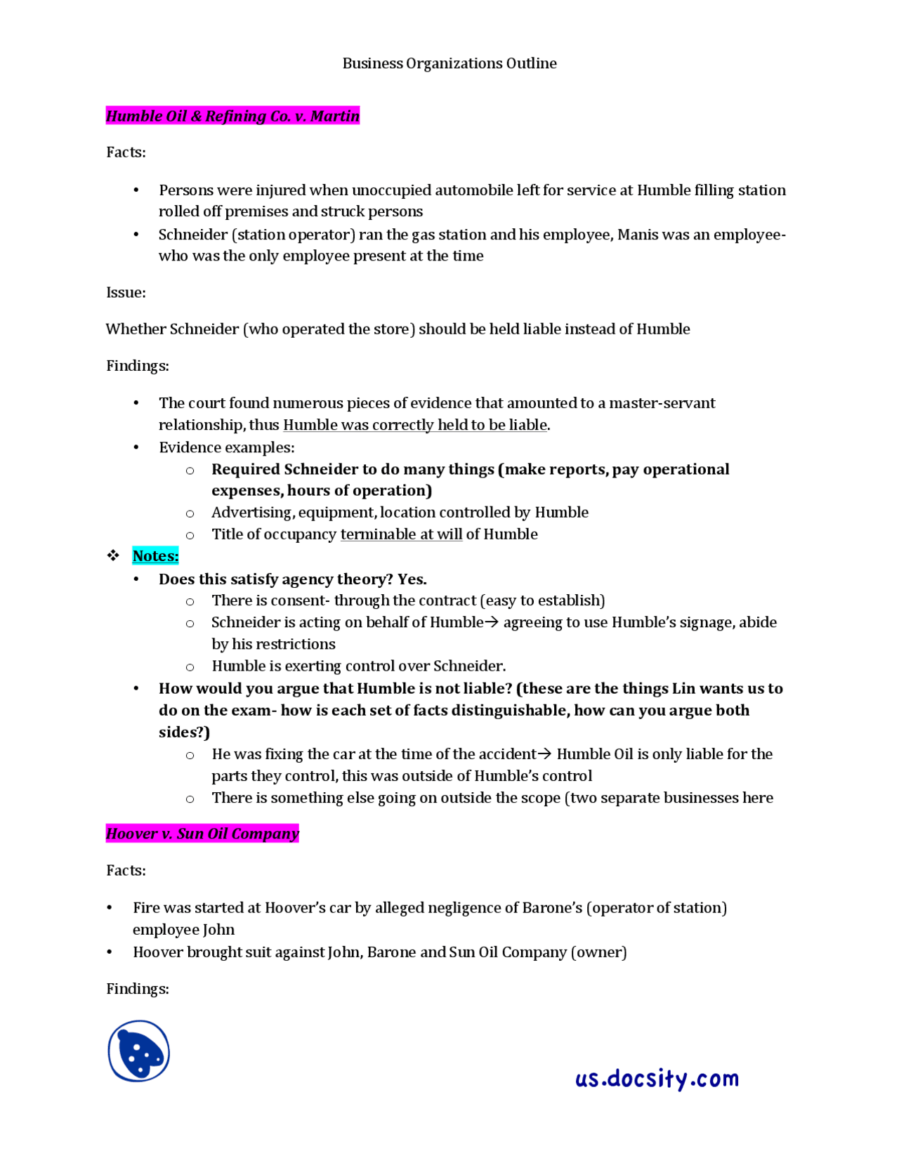 Business Organizations Outline 2 - Tort Liability, Apparent Agency ...