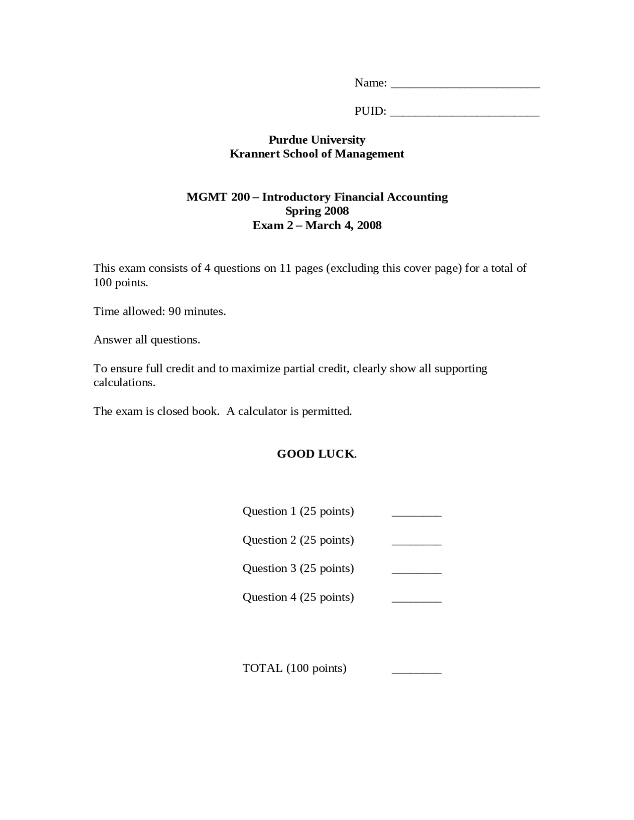 5 Questions in Financial Accounting - Exam 2 | MGMT 20000 | Exámenes ...