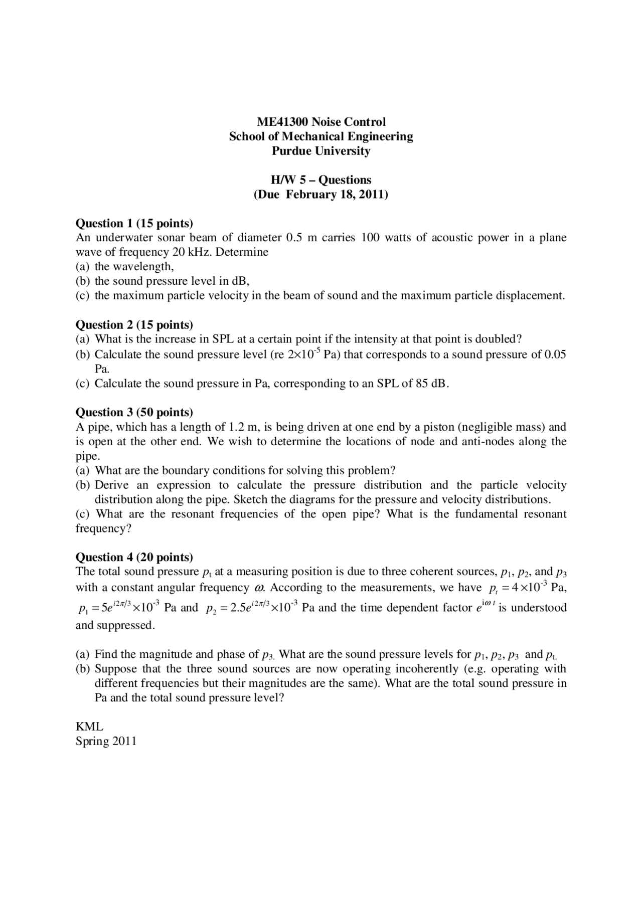 Questions With Solution Of Noise Control Assignment 5 Me 41300