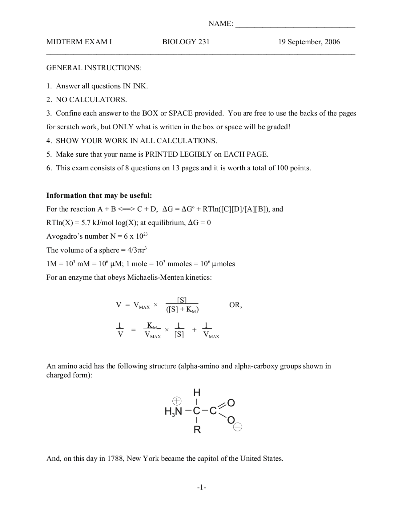 Midterm Exam Biology Iii Cell Structure And Function Biol 23100