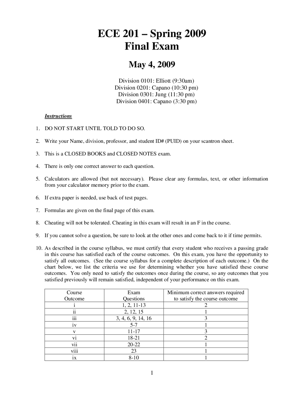 Final Exam Linear Circuit Analysis I Spring 2009 Ece 20100 Docsity