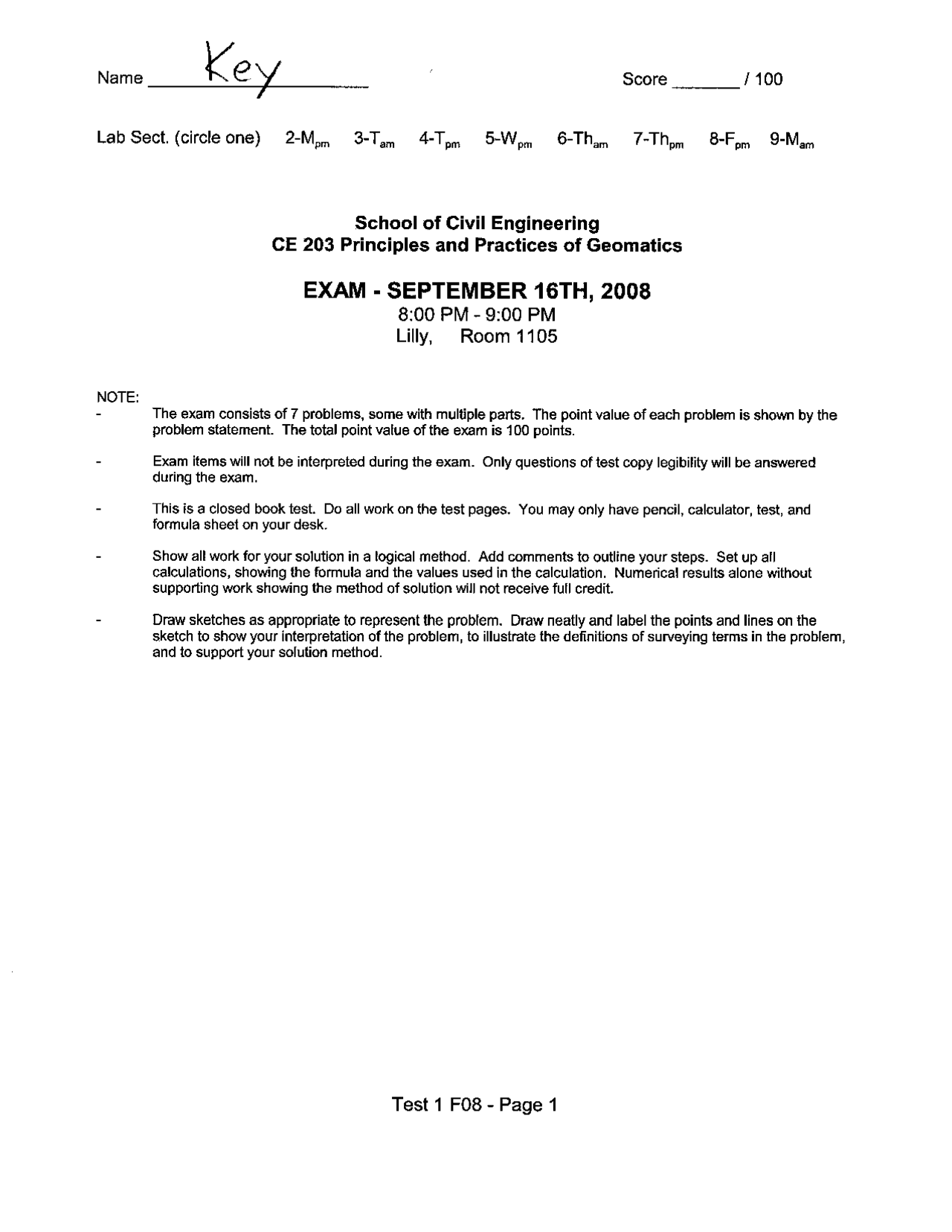 Exam 1 With Key For Principles And Practice Of Geomatics Ce 20300 Docsity