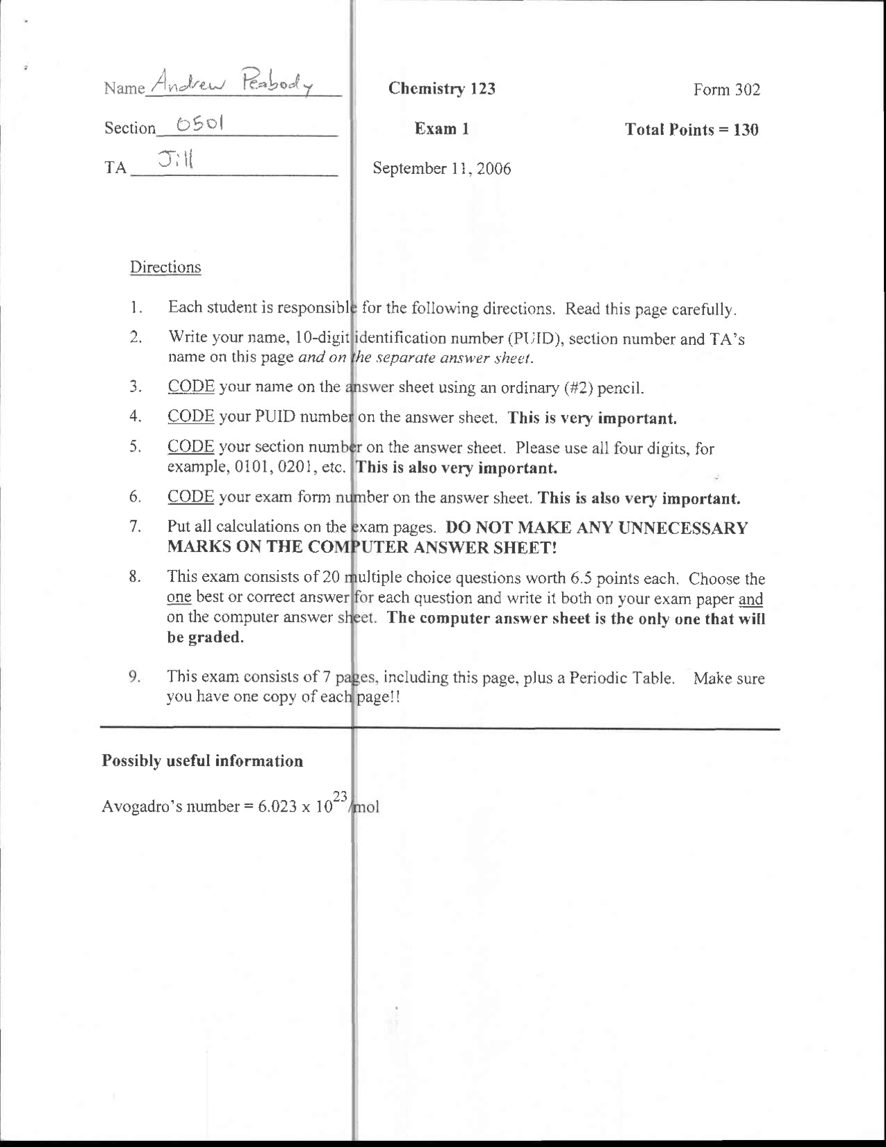20 Questions With Answer Exam 1 General Chemistry For Engineers Chm