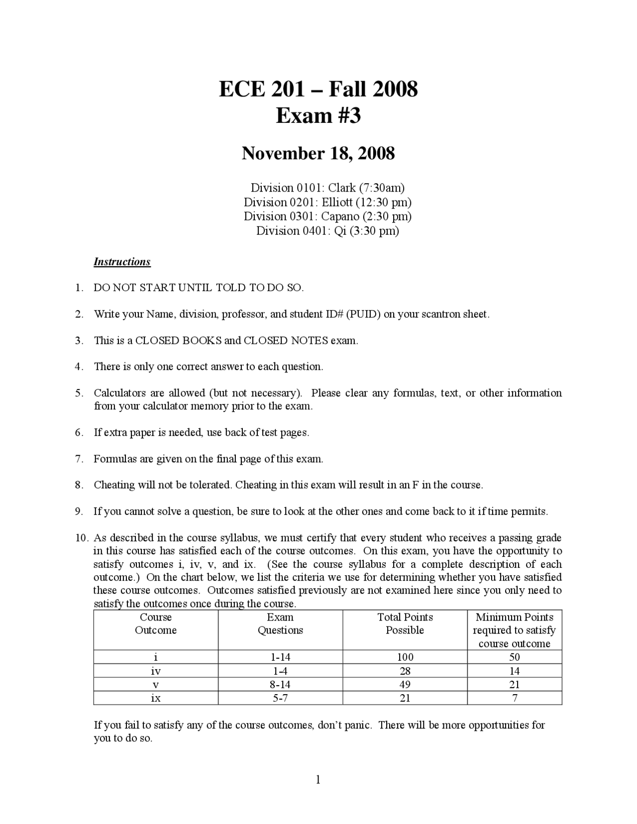 Exam 3 For Linear Circuit Analysis I Fall 2008 Ece 20100 Docsity