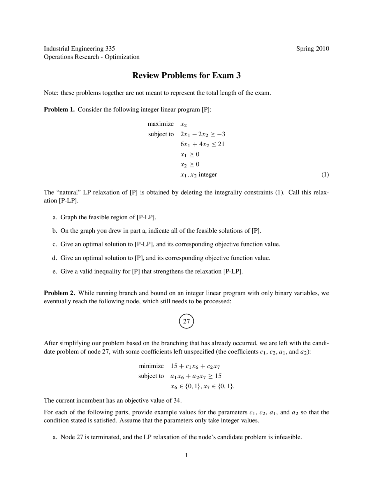 5 Problems On Operations Research Optimization Review Exam 3 Ie