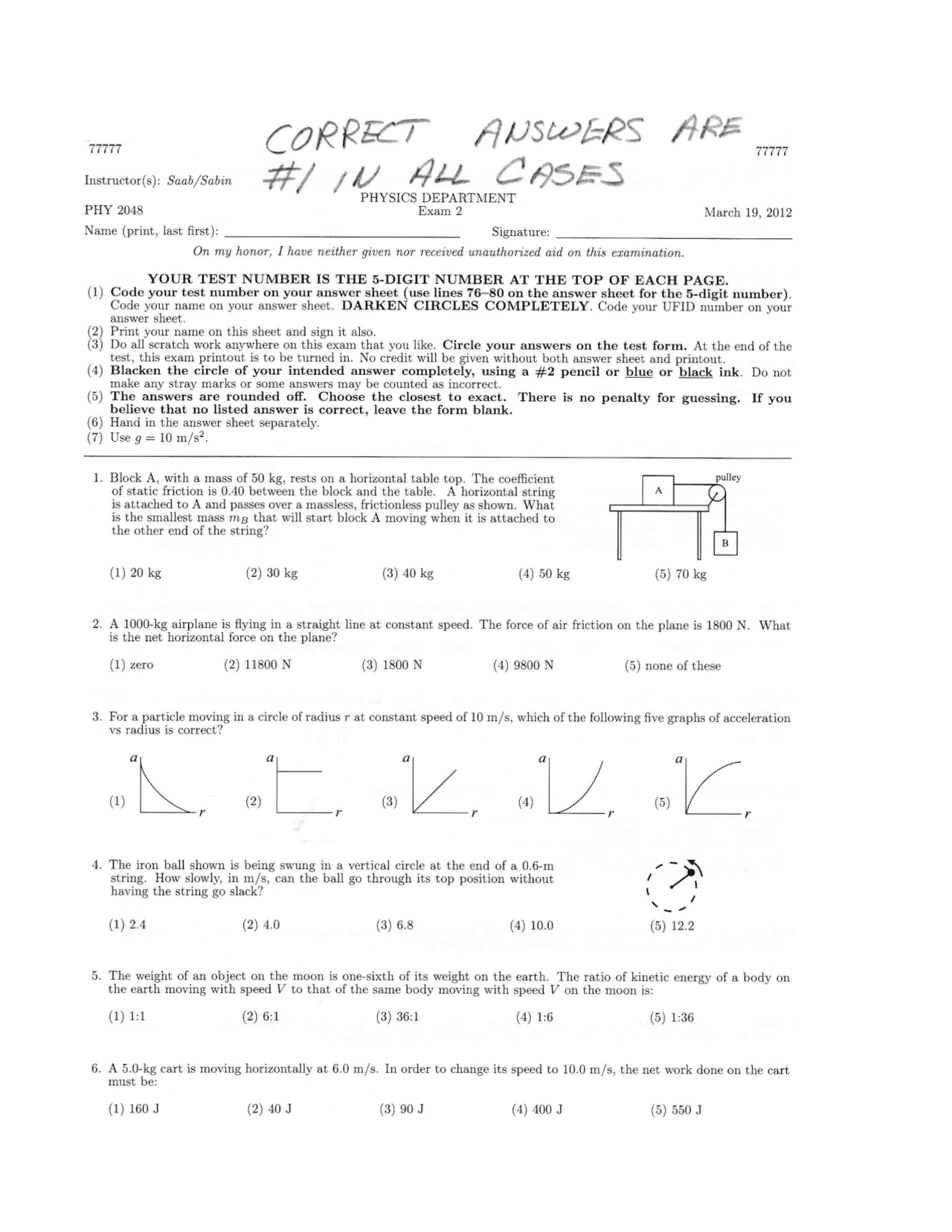 Exam 2 Questions With Answers Physics With Calculus 1 Phy 2048