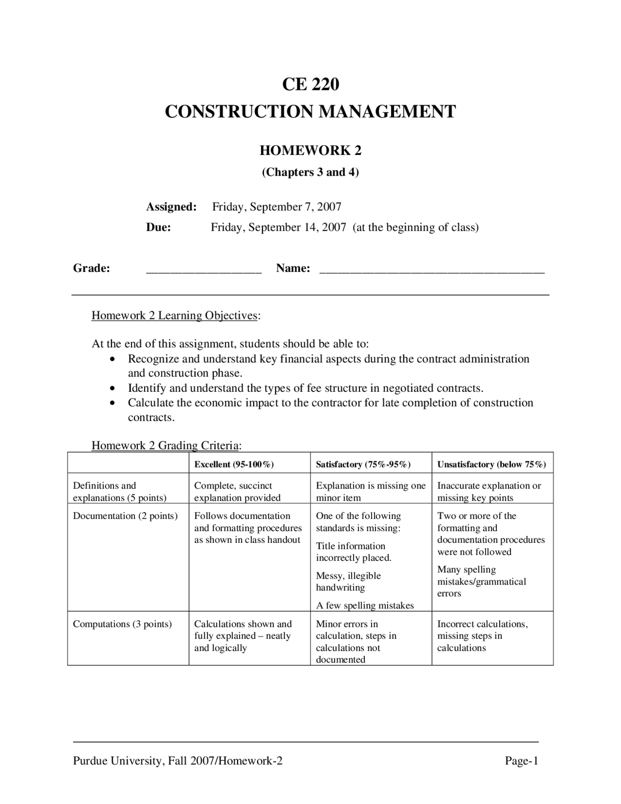 Construction Management Practice Homework 2 Ce 22000 Docsity