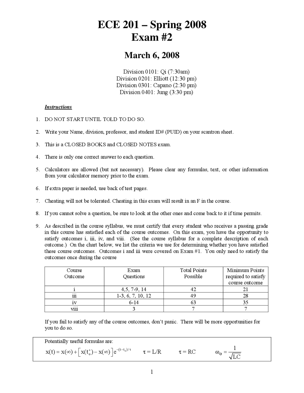 Solved Multiple Choice Questions - Linear Circuit Analysis I | ECE 20100 - Docsity