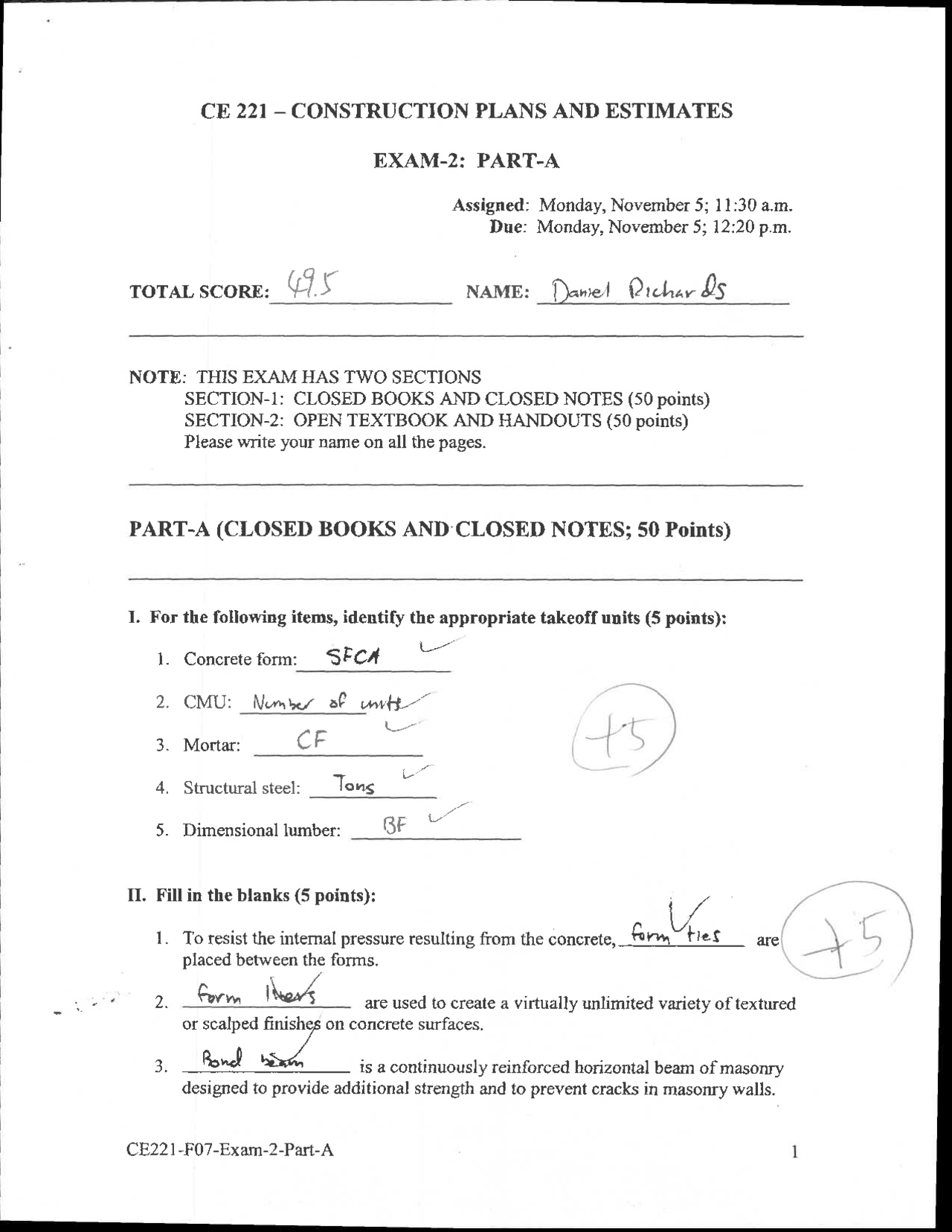 Old Exam 2 with Answer Key - Construction Plans and Estimates | CE ...