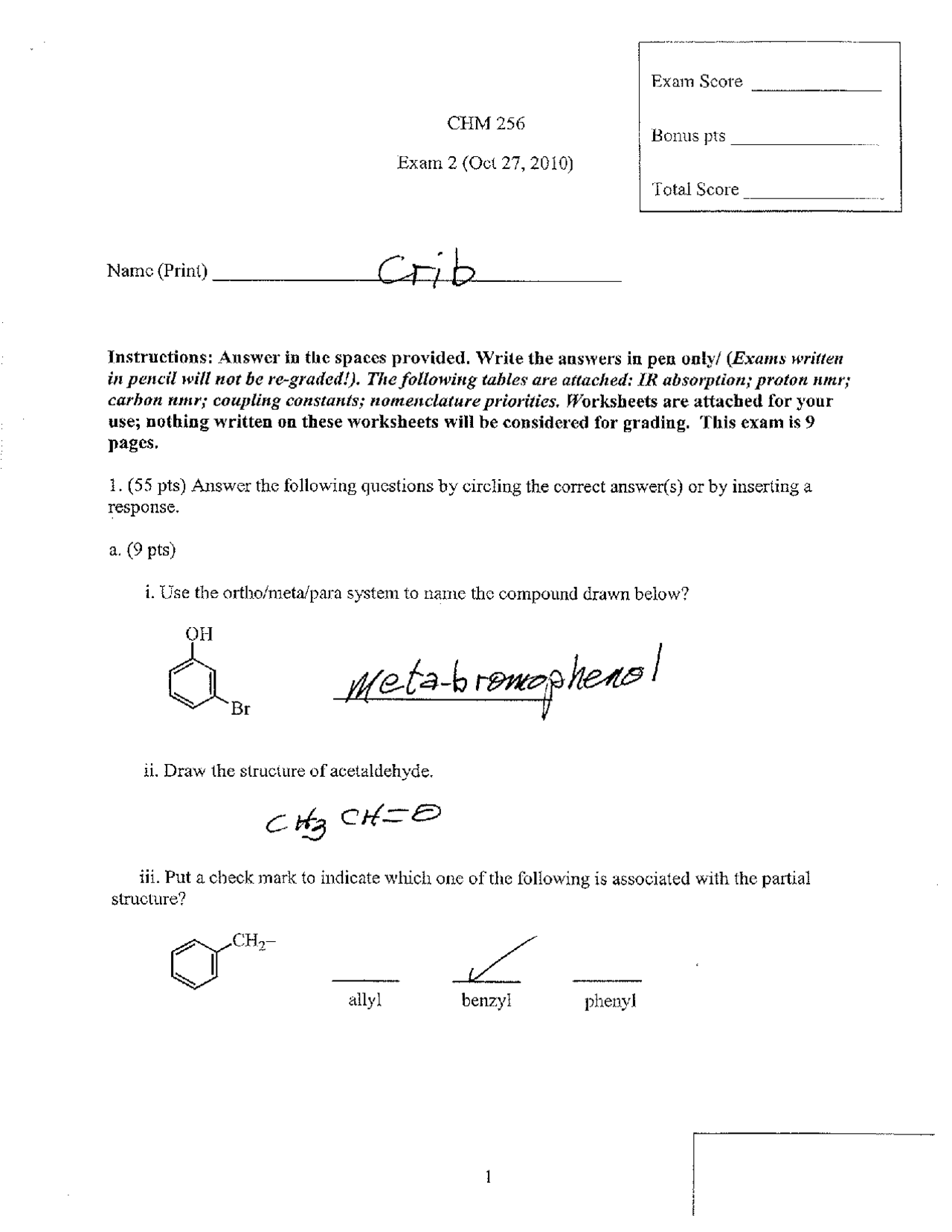 Exam 2 Solution Organic Chemistry 2010 Chm 25600 Docsity