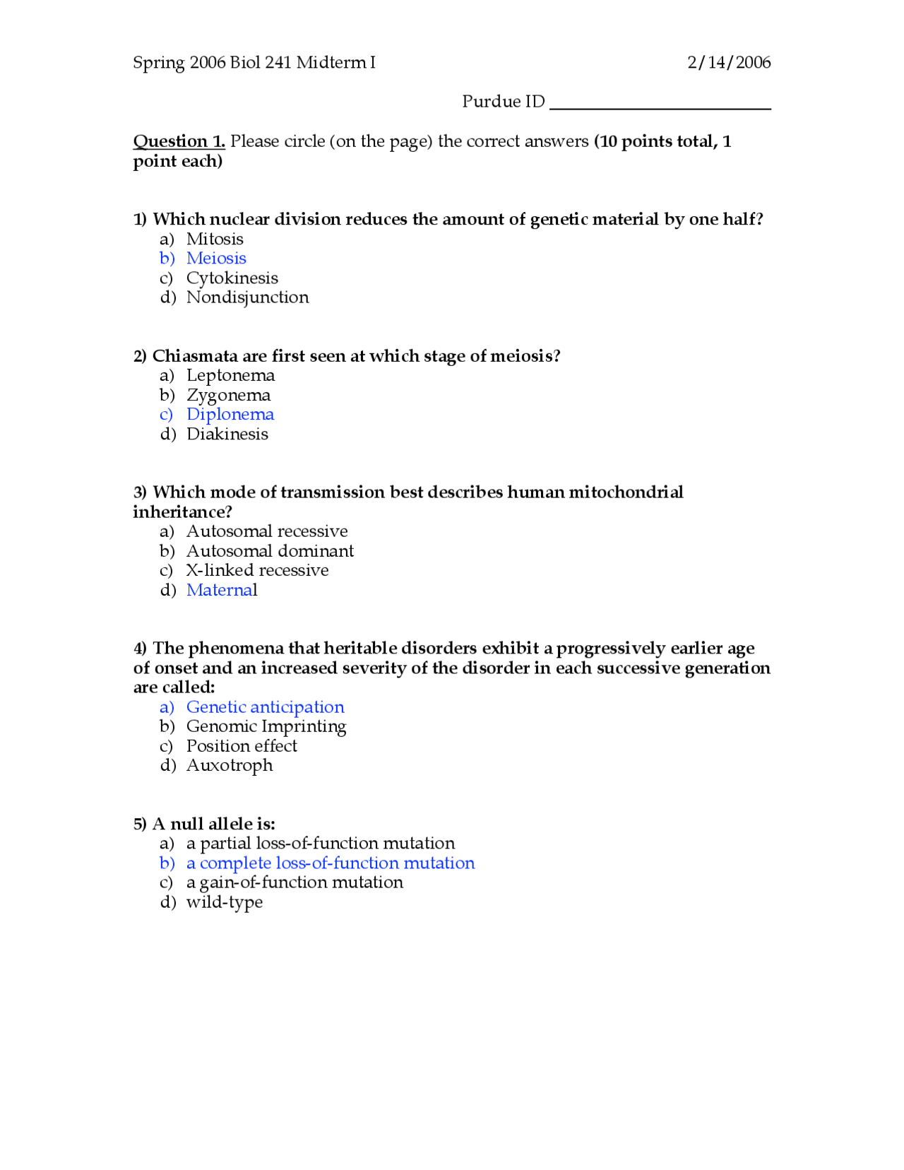 Biology IV: Genetics And Molecular Biology - Solved Exam 1 | BIOL 24100 ...