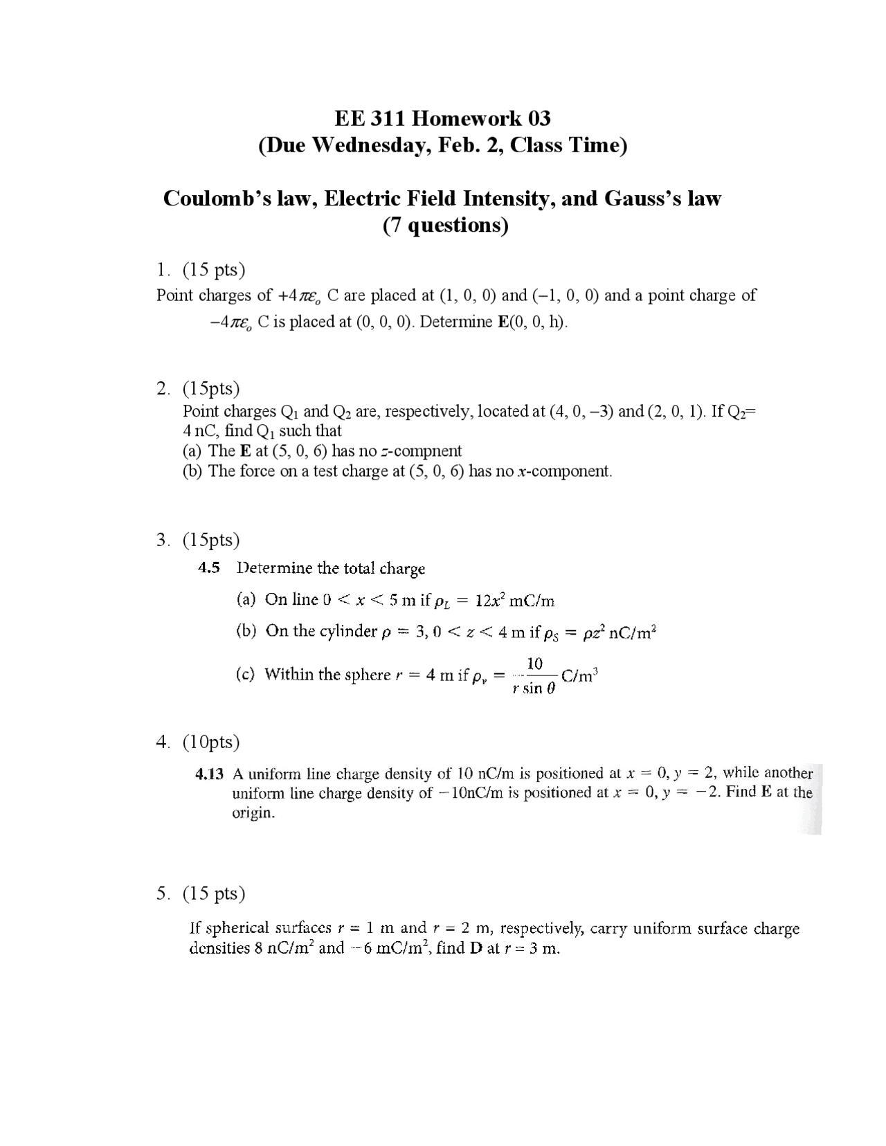 Coulomb's Law, Electric Field Intensity and Gauss's Law - Homework 3 ...