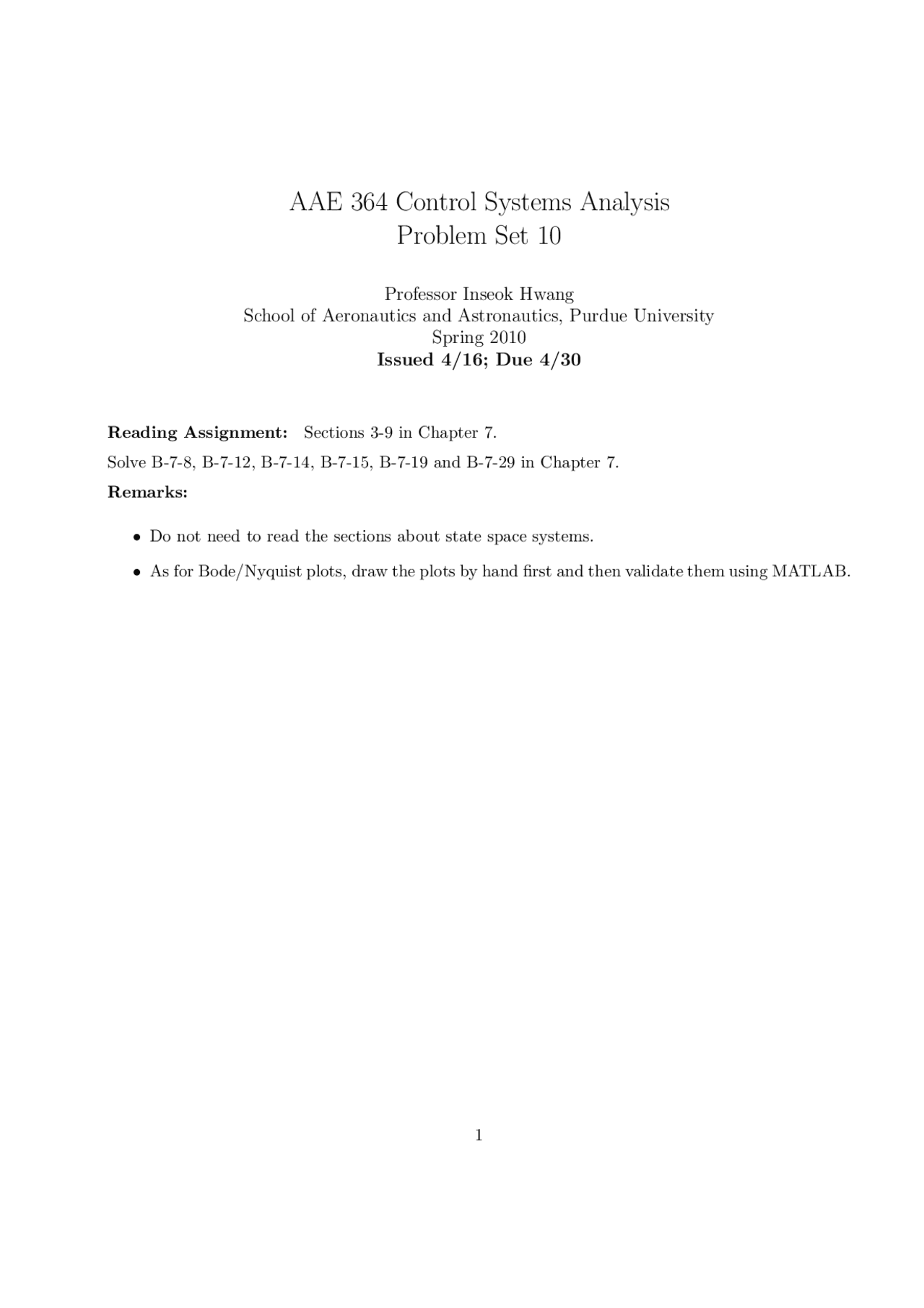 Problem Set 10 For Control System Analysis Aae 36400 Docsity