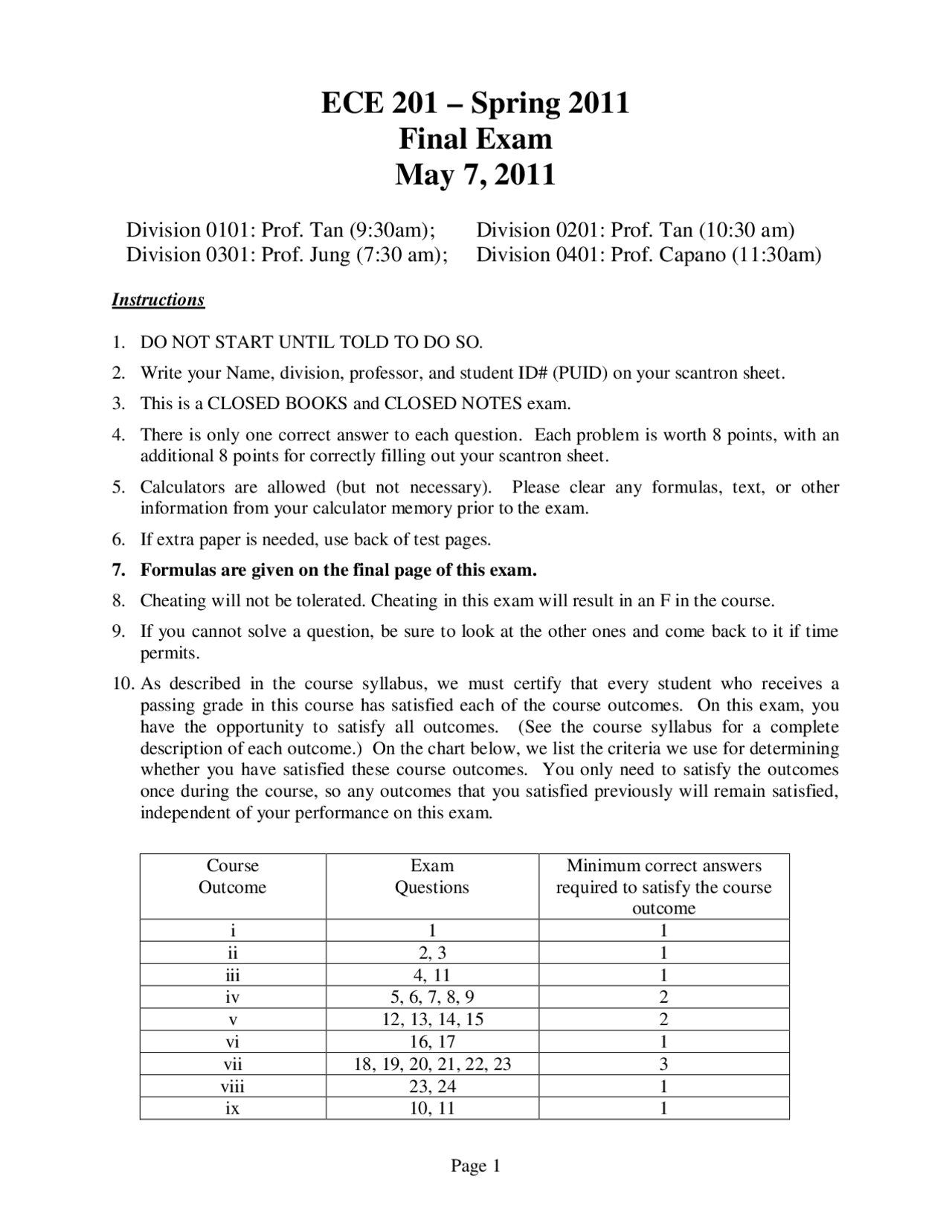 Final Exam 24 Questions On Linear Circuit Analysis I Ece 20100