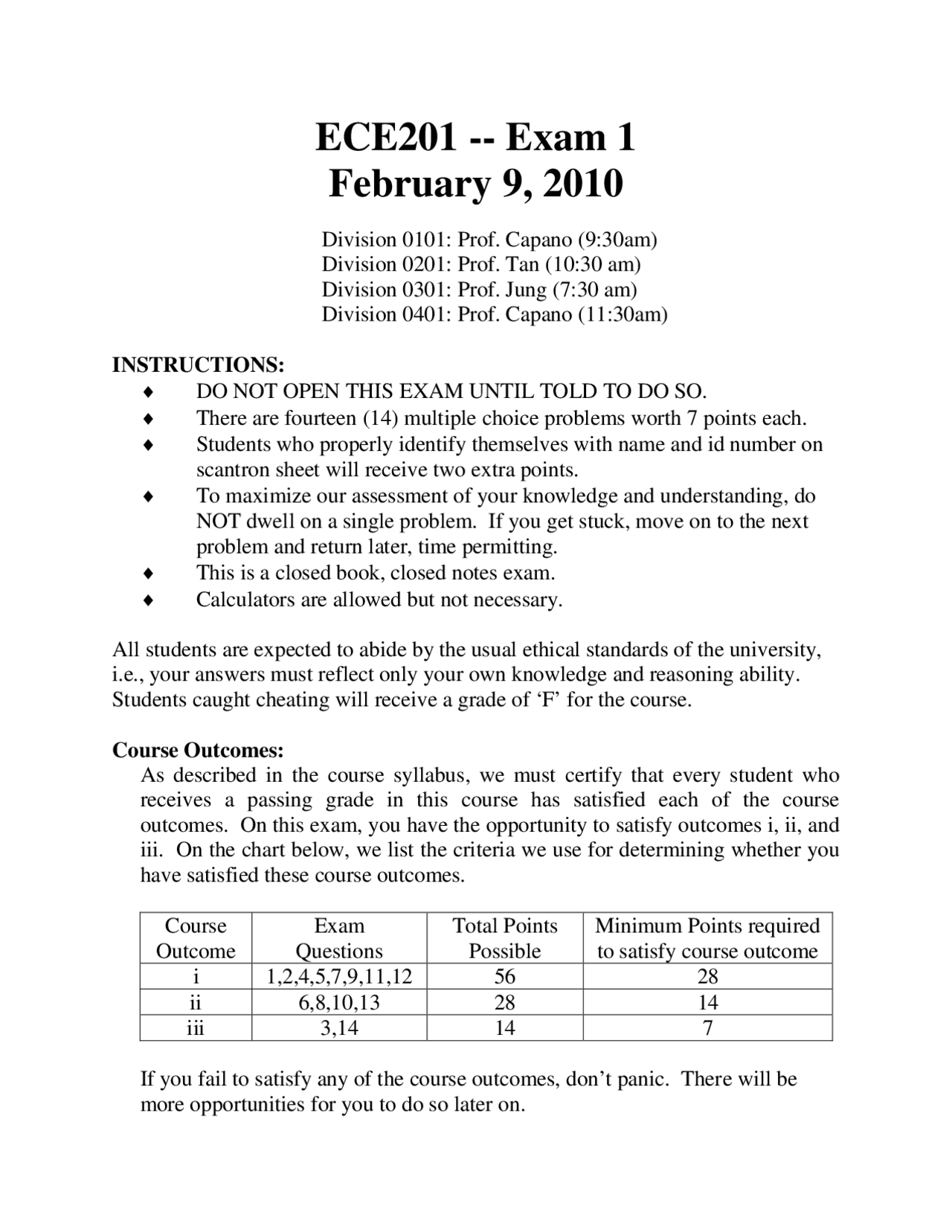 Exam 1 Questions - Linear Circuit Analysis I | ECE 20100 - Docsity