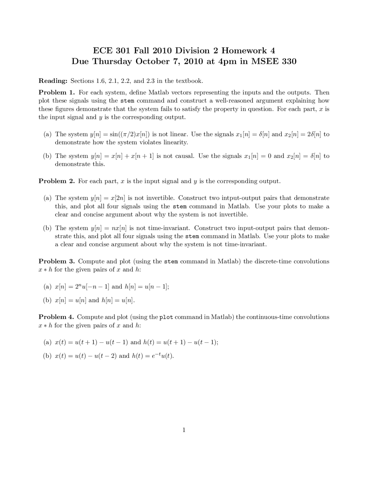 Answers To Assignment 4 Signals And Systems Ece 30100 Docsity