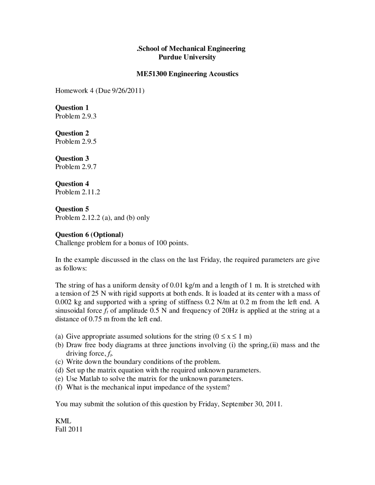 Solved Problem Set 4 Engineering Acoustics Me 51300 Docsity